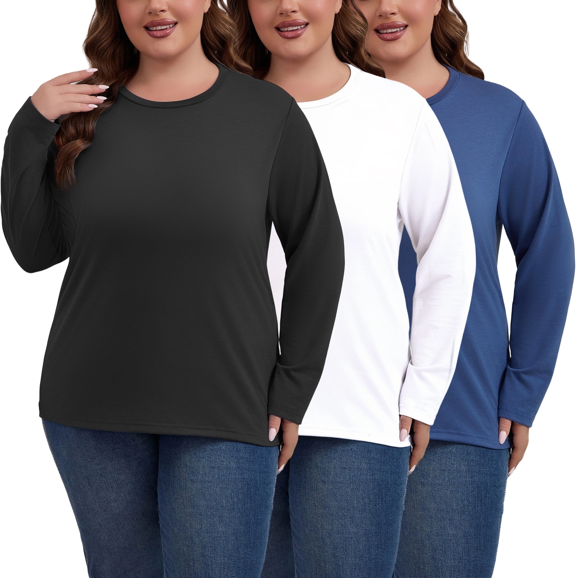 PinkBeautiM Womens Plus Size Tops Long Sleeve Shirts Crew Neck Casual ...