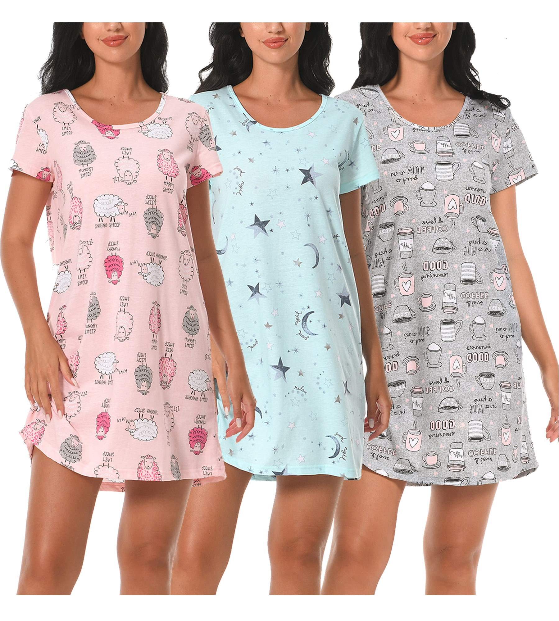 PinkBeautiM Cotton Nightgowns for Women Soft Nightshirts Printed Round ...