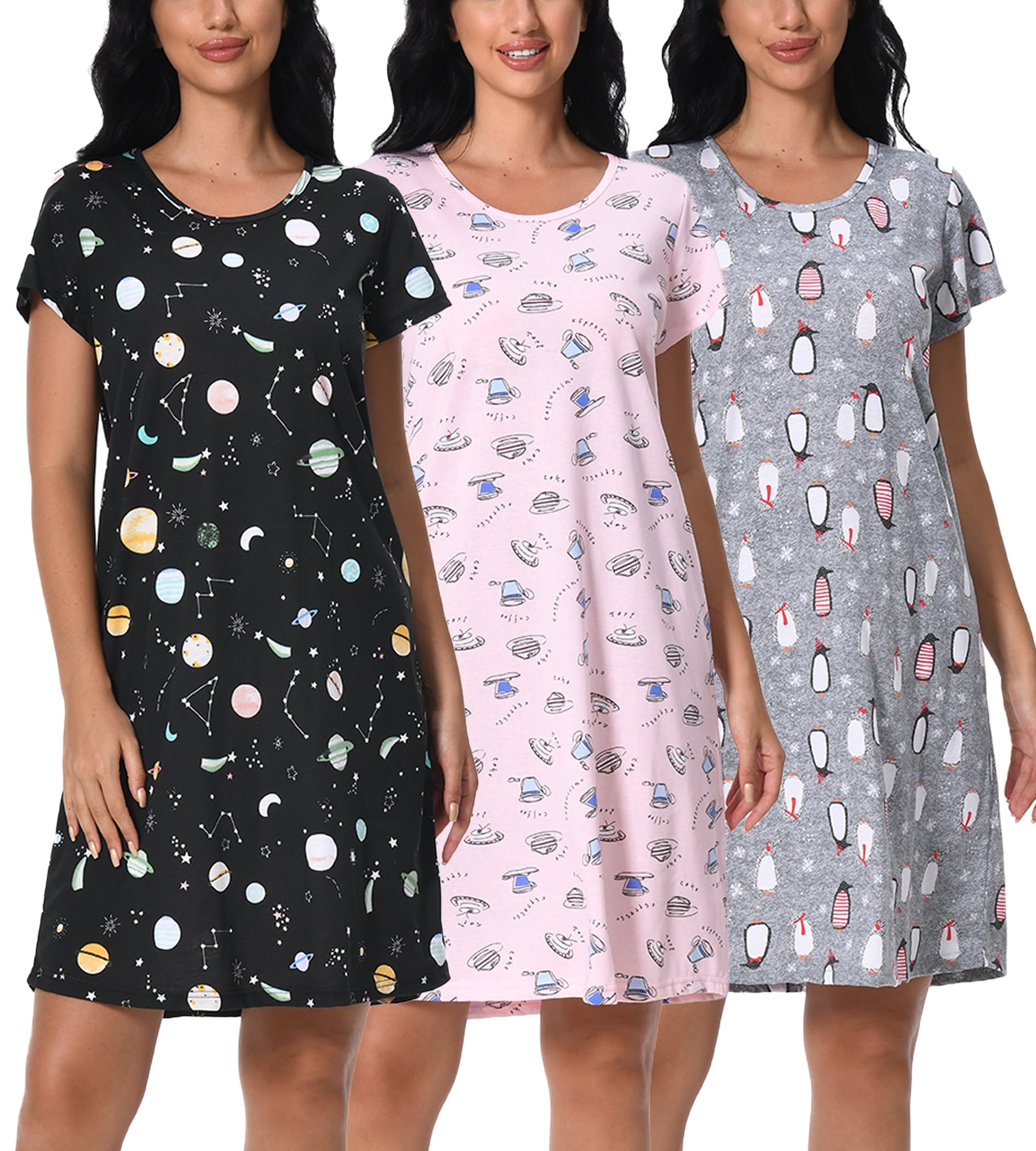 PinkBeautiM Cotton Nightgowns for Women Soft Nightshirts Printed Round ...