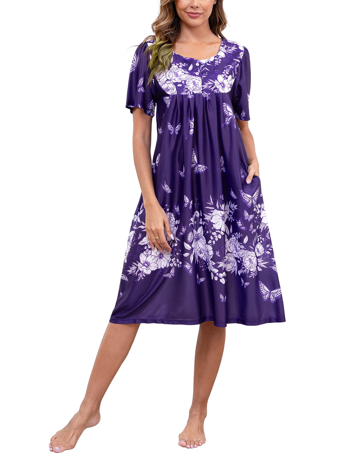 PinkBeautiM Mumu Nightgowns for Women Button Down Neck Lounge Dresses Short Sleeve House Dresses ...