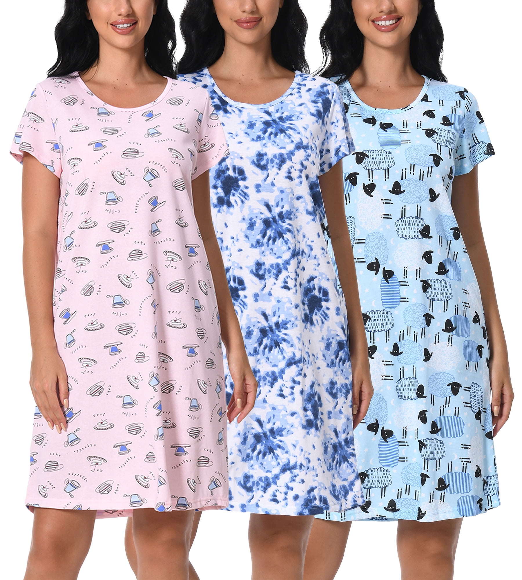 PinkBeautiM Nightgowns for Women Cotton Nightshirts Print Pajamas Dress ...