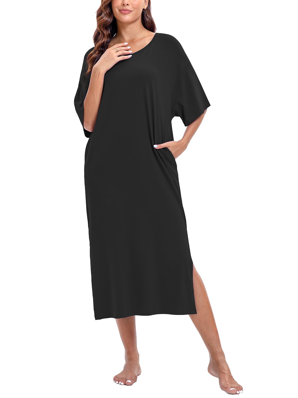 PinkBeautiM Nightgowns for Women Full Length Half Sleeve Lounge Dress ...