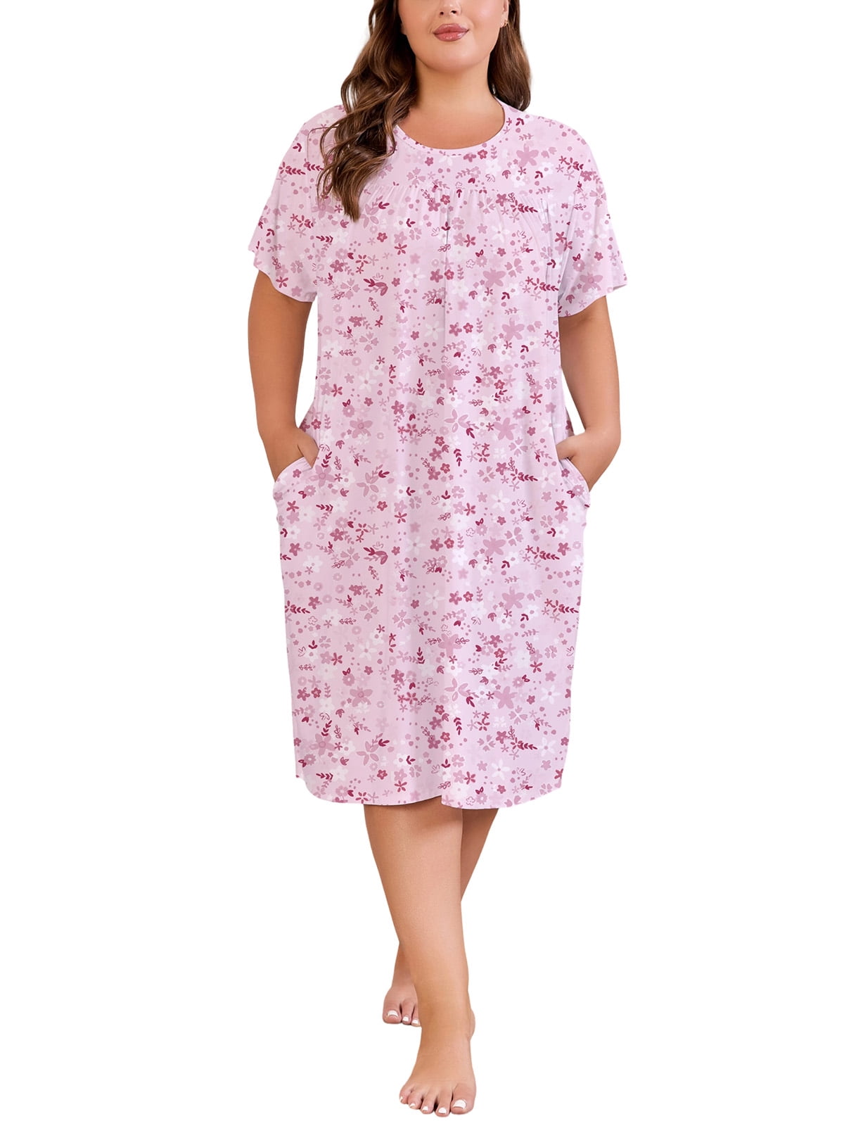 PinkBeautiM Nightgowns for Women Plus Size Floral Print Short Sleeve ...