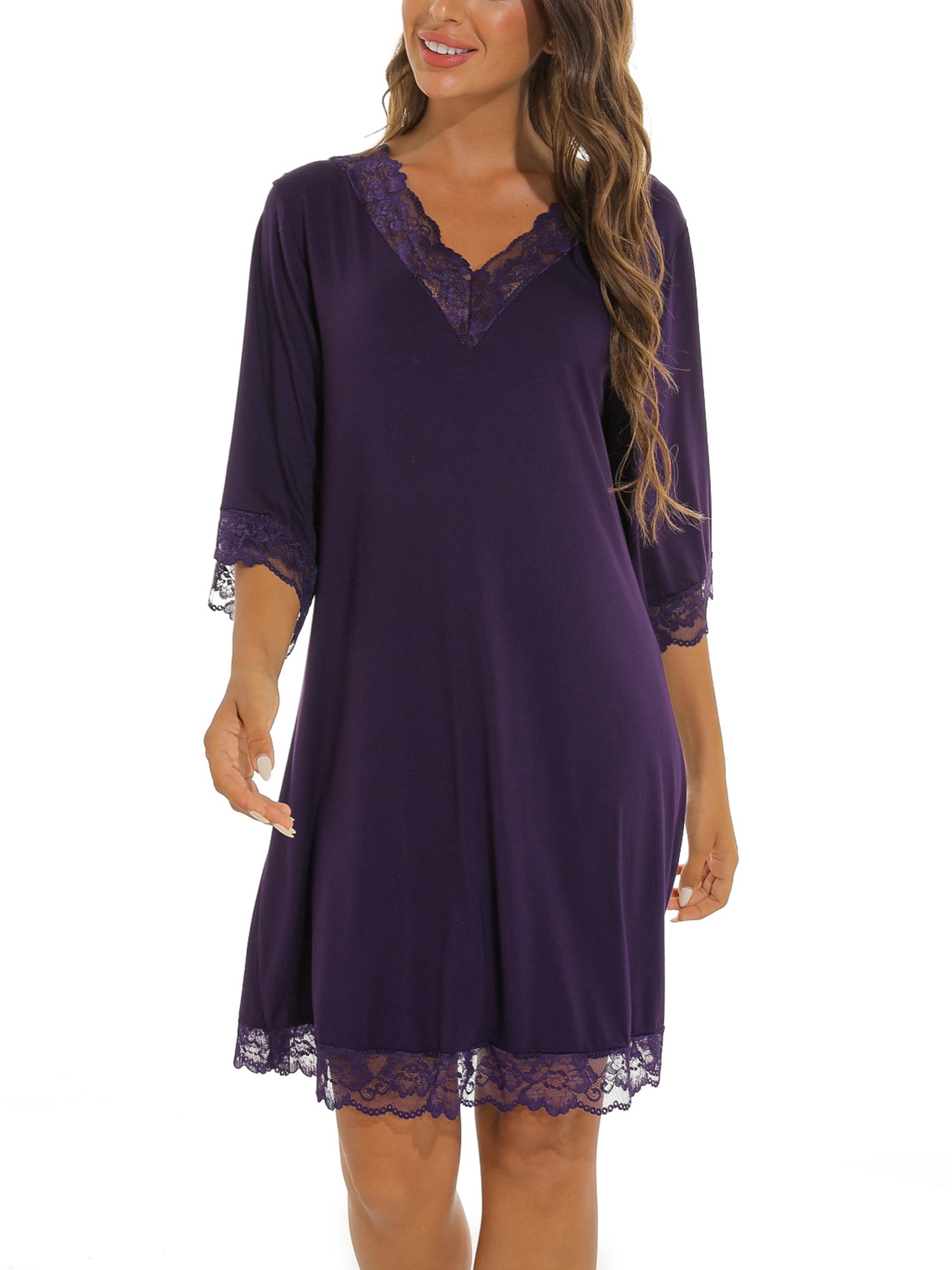 PinkBeautiM Lace Nightgowns for women V Neck Nightshirt Half Sleeve ...