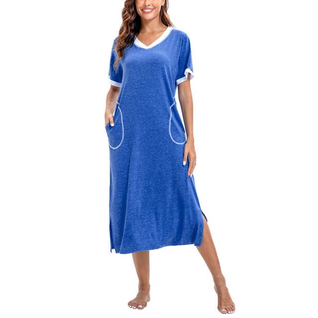 PinkBeautiM Womens Nightgown Long Loungewear V Neck Lounge Dress Short Sleeve Sleepshirt Full ...