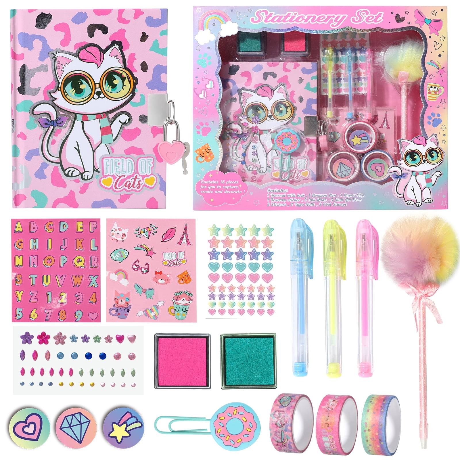 PinkSheep Cute Journaling Mini Lockable Creative Cat Diary Set with ...