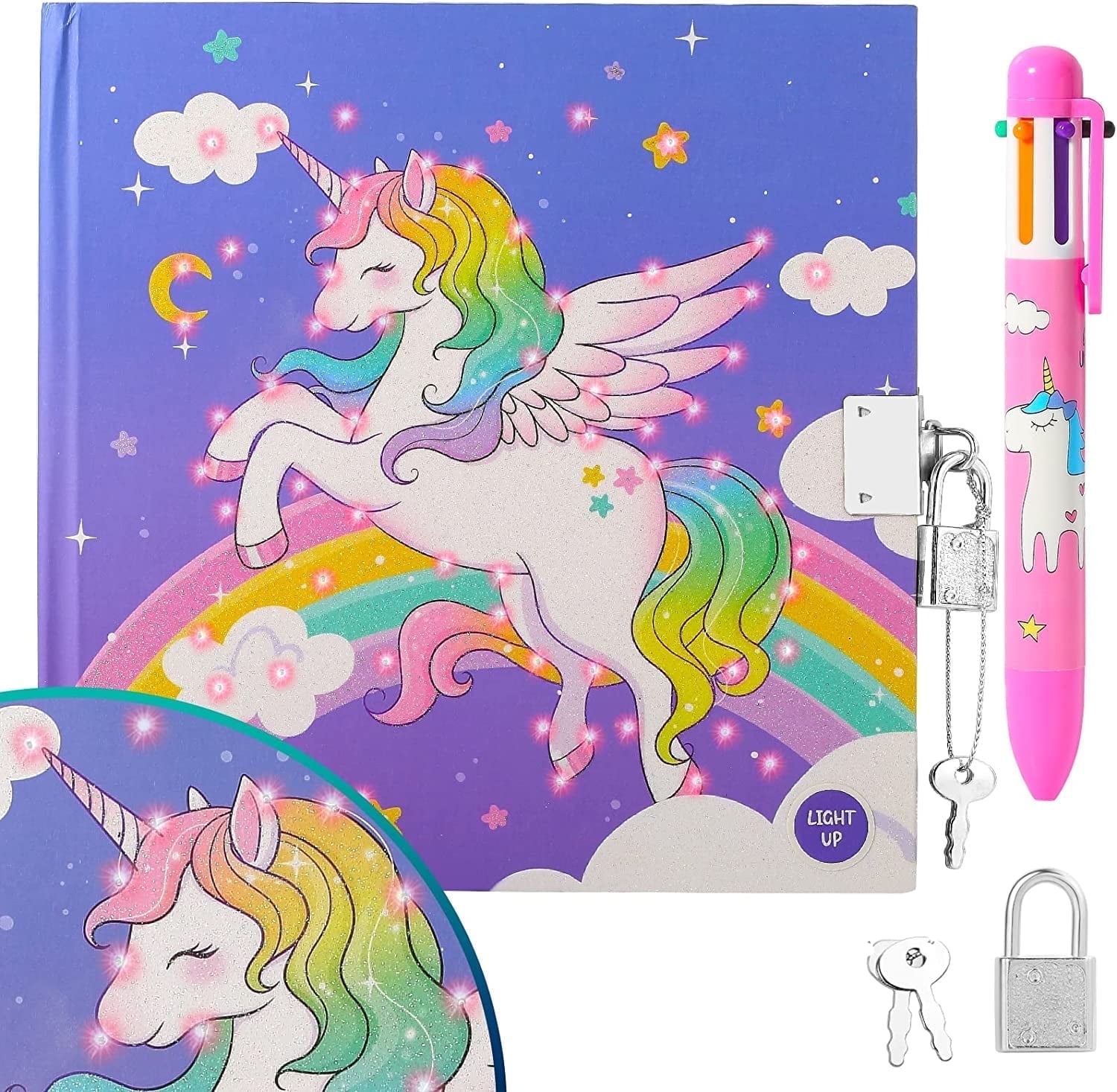 PinkSheep Unicorn Diary Set with Lock and Key and Pen, Unicorn Light Up ...