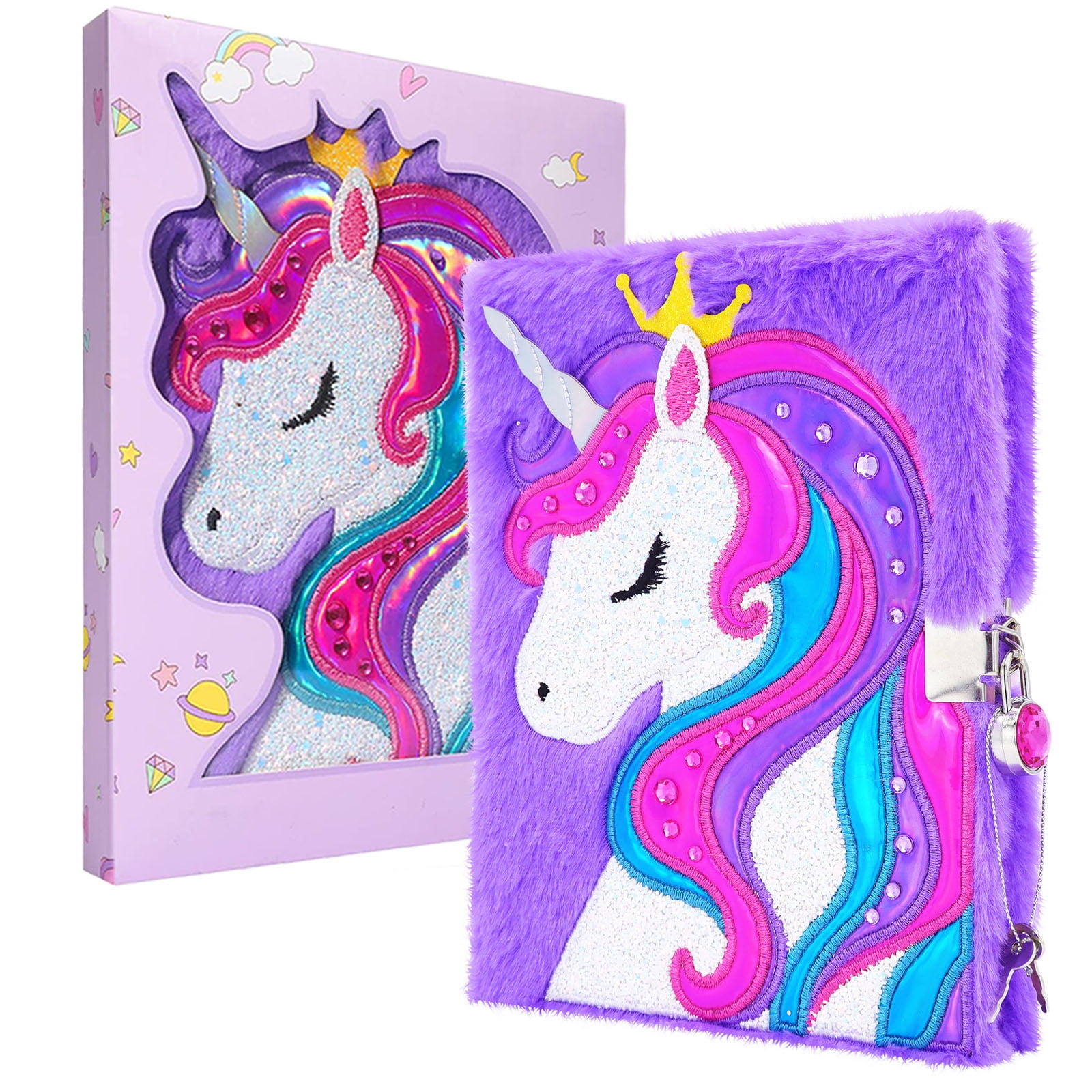 PinkSheep Unicorn Furry Lockable Diary for Children, Sparkle Girly ...