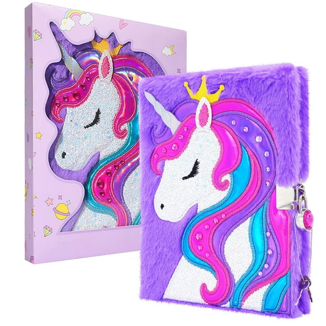 PinkSheep Unicorn Furry Lockable Diary for Children, Sparkle Girly ...