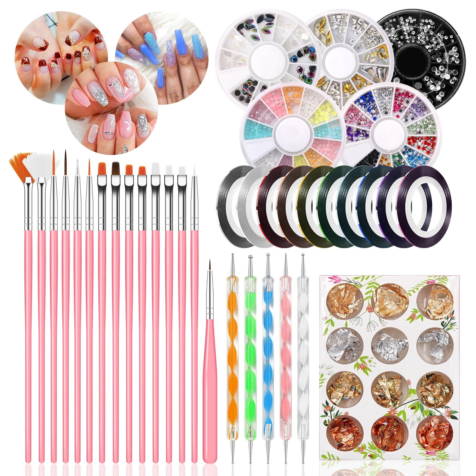 Pinkiou 47 PCS Nail Art Kit with Acrylic Brushes, Dotting Pens ...