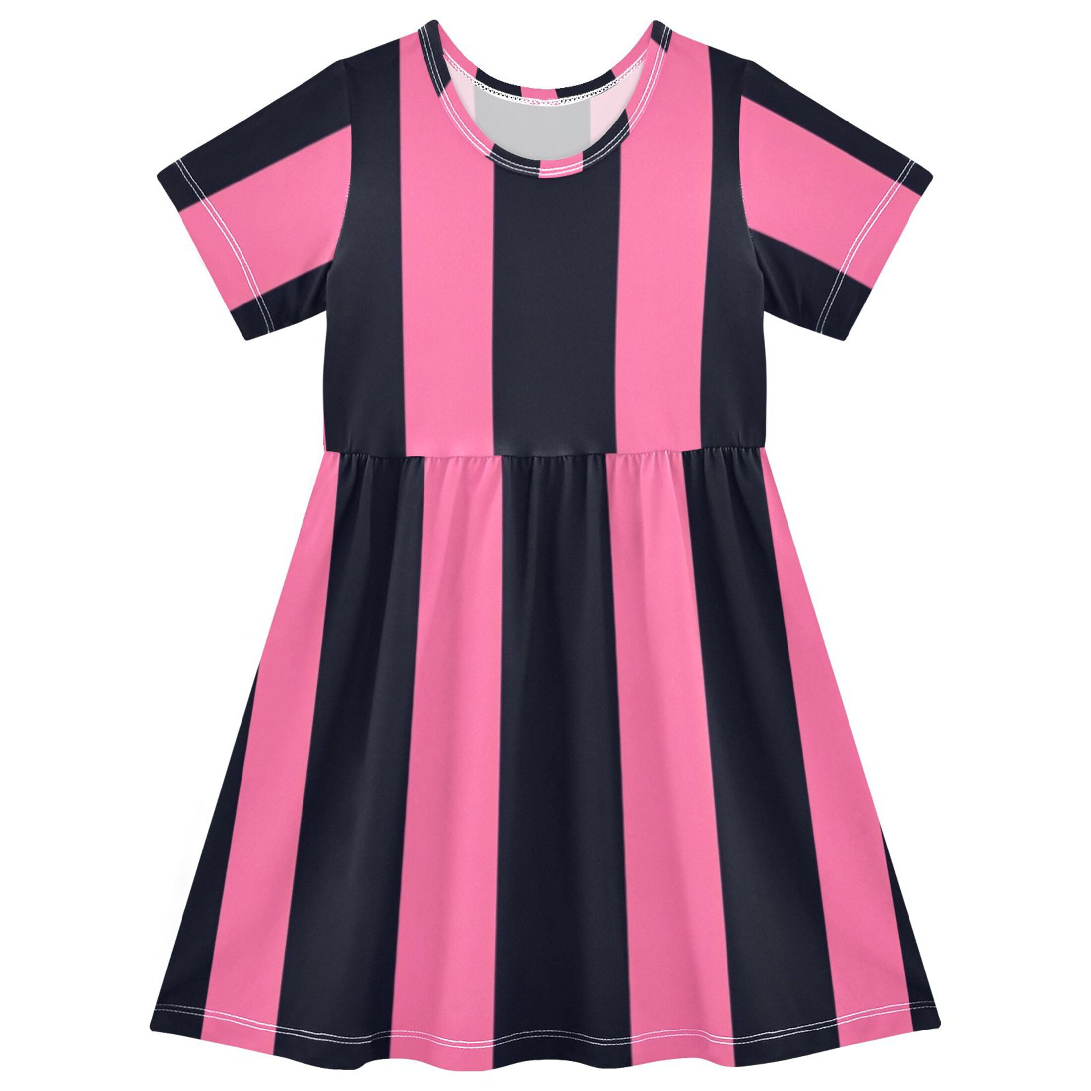 Pinkish Black Wide Stripes Girls' Short Sleeve Dress A-Line One-Piece Dress UPF 50+ Quick Dry 4T ...