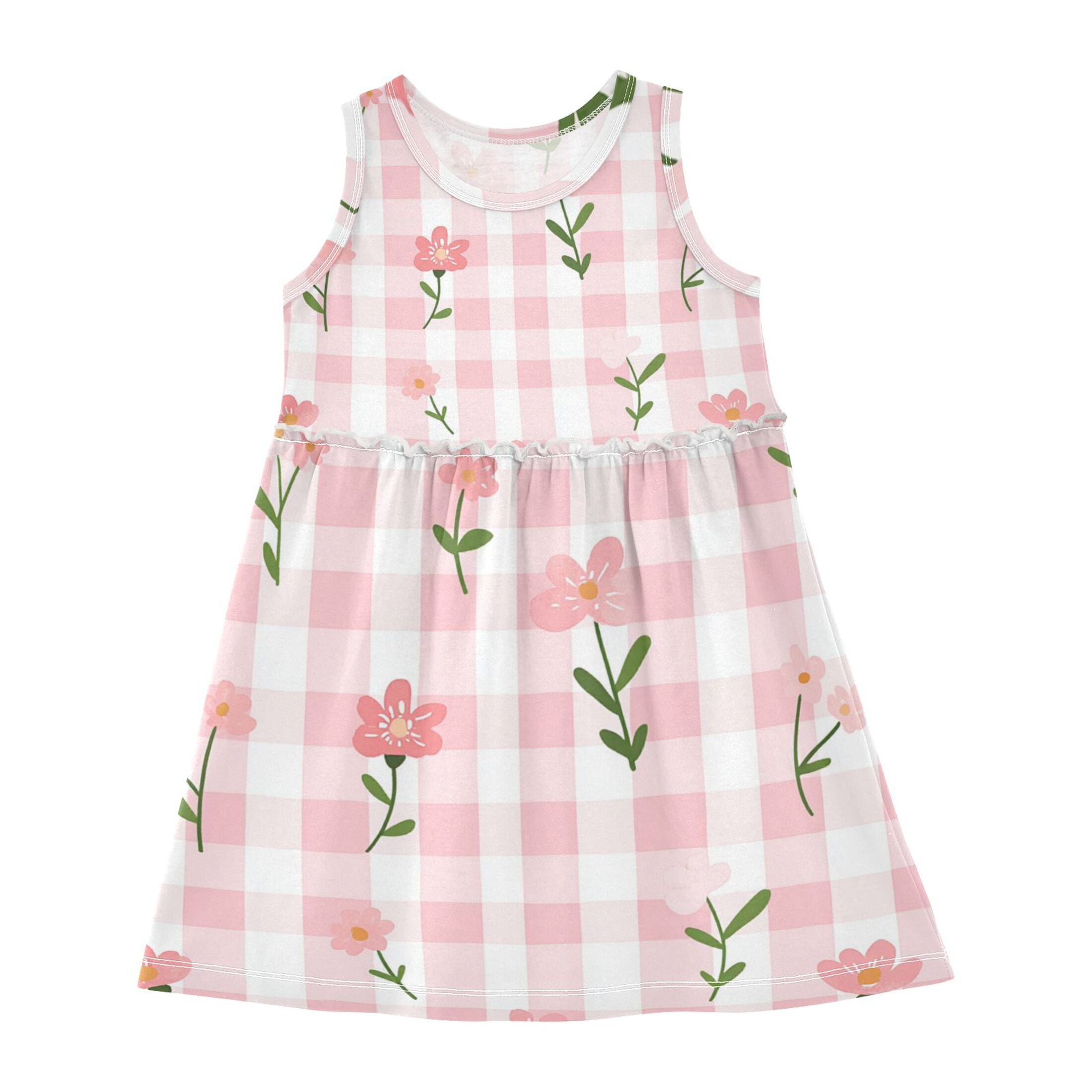 Pinkish Checkerboard Pastel Florals Girls' Sleeveless Dress A-Line One ...