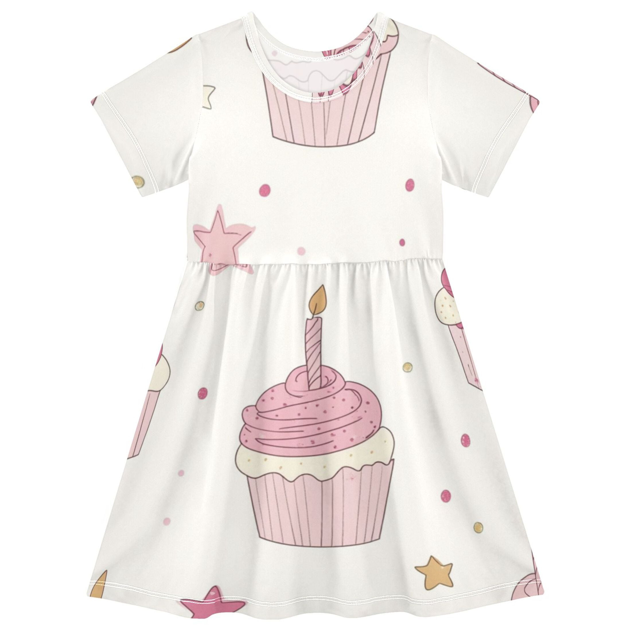 Pinkish Cupcakes with Candles Stars Birthday Girls' Short Sleeve Dress ...