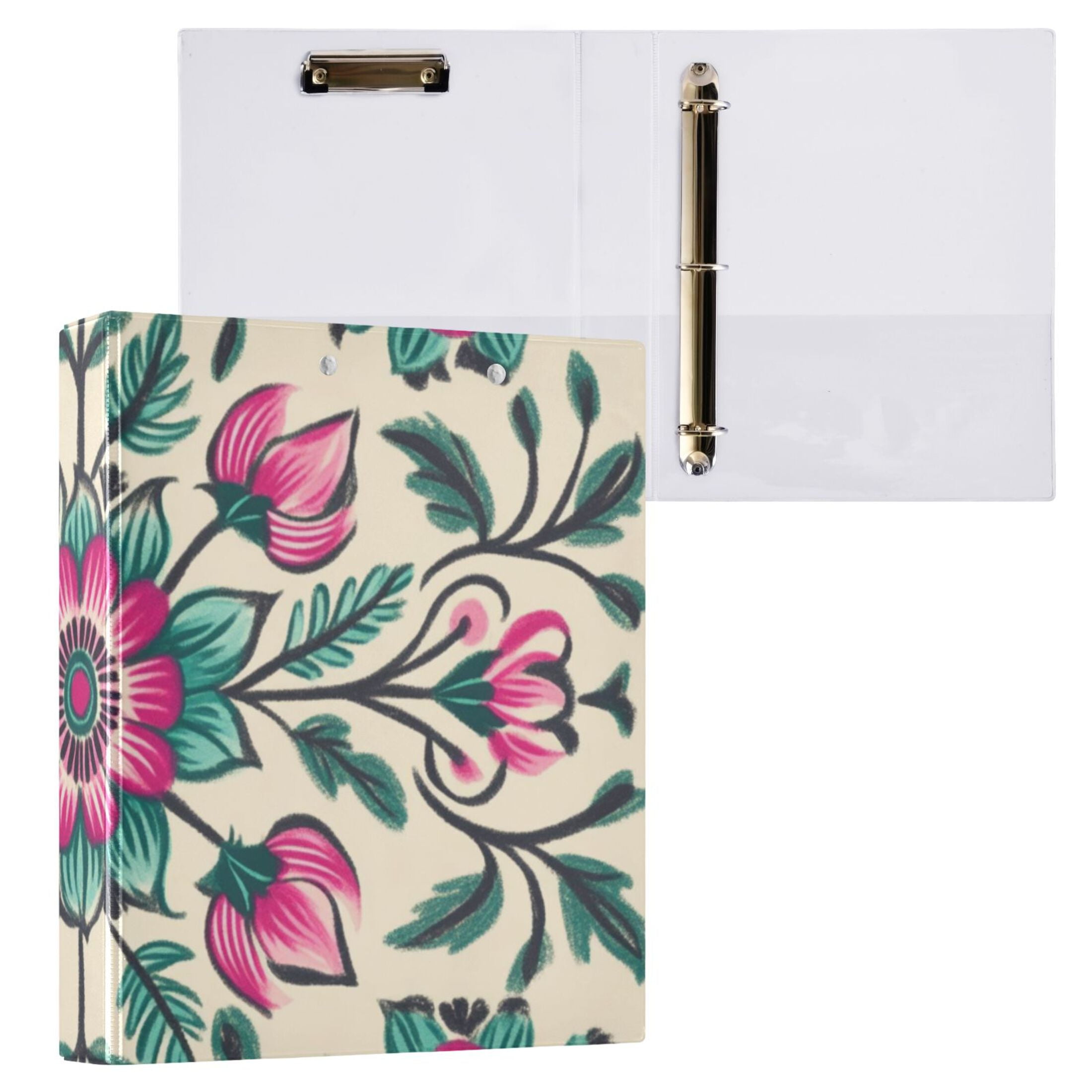 Pinkish Florals Turquoise Leaves Hand Painted Round Ring Binder 3 Rings ...