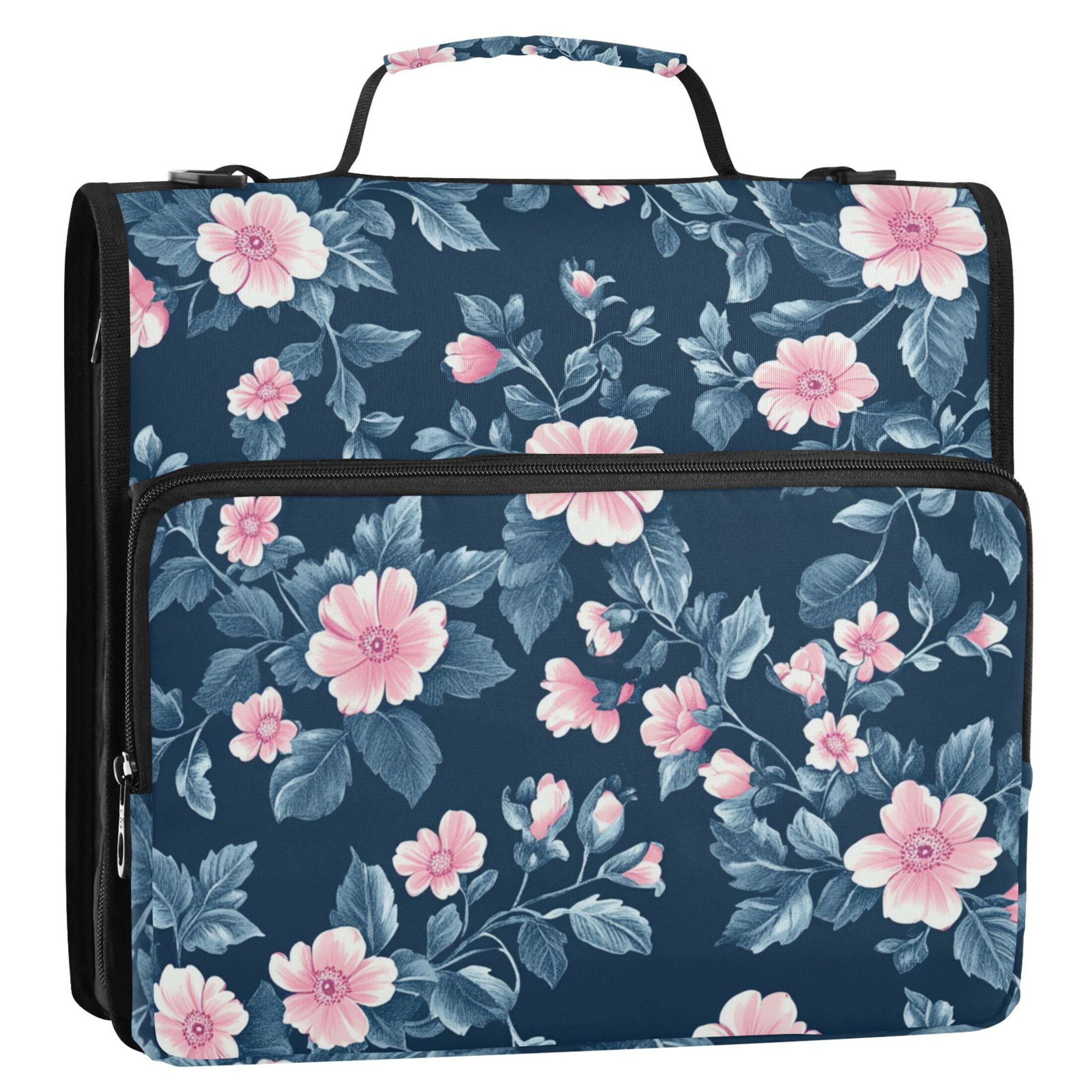 Pinkish Flowers Vintage Binder Bag with Shoulder Strap 3 Ring Zipper ...