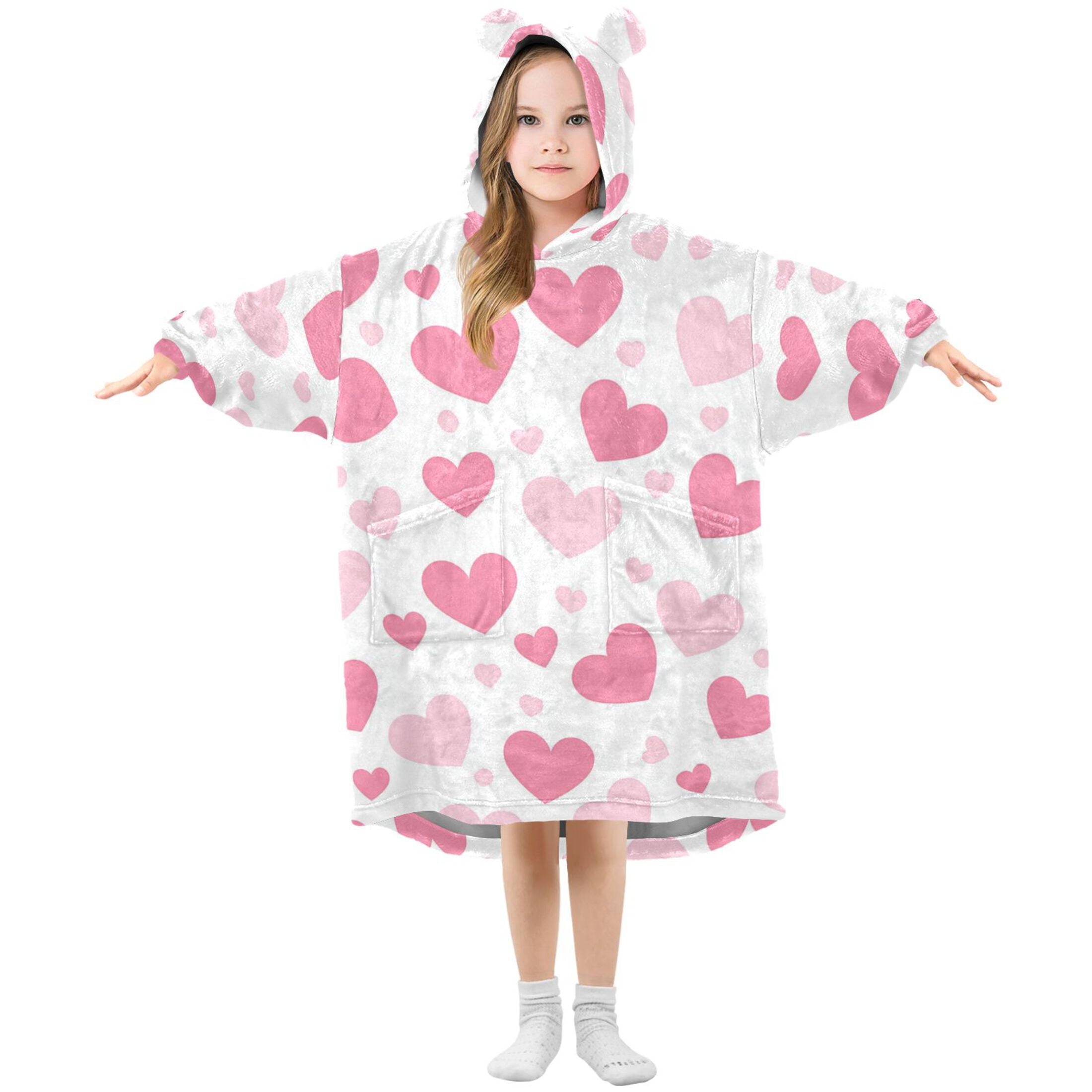 Pinkish Hearts Valentine Love Flannel Wearable Blankets Hooded Design ...