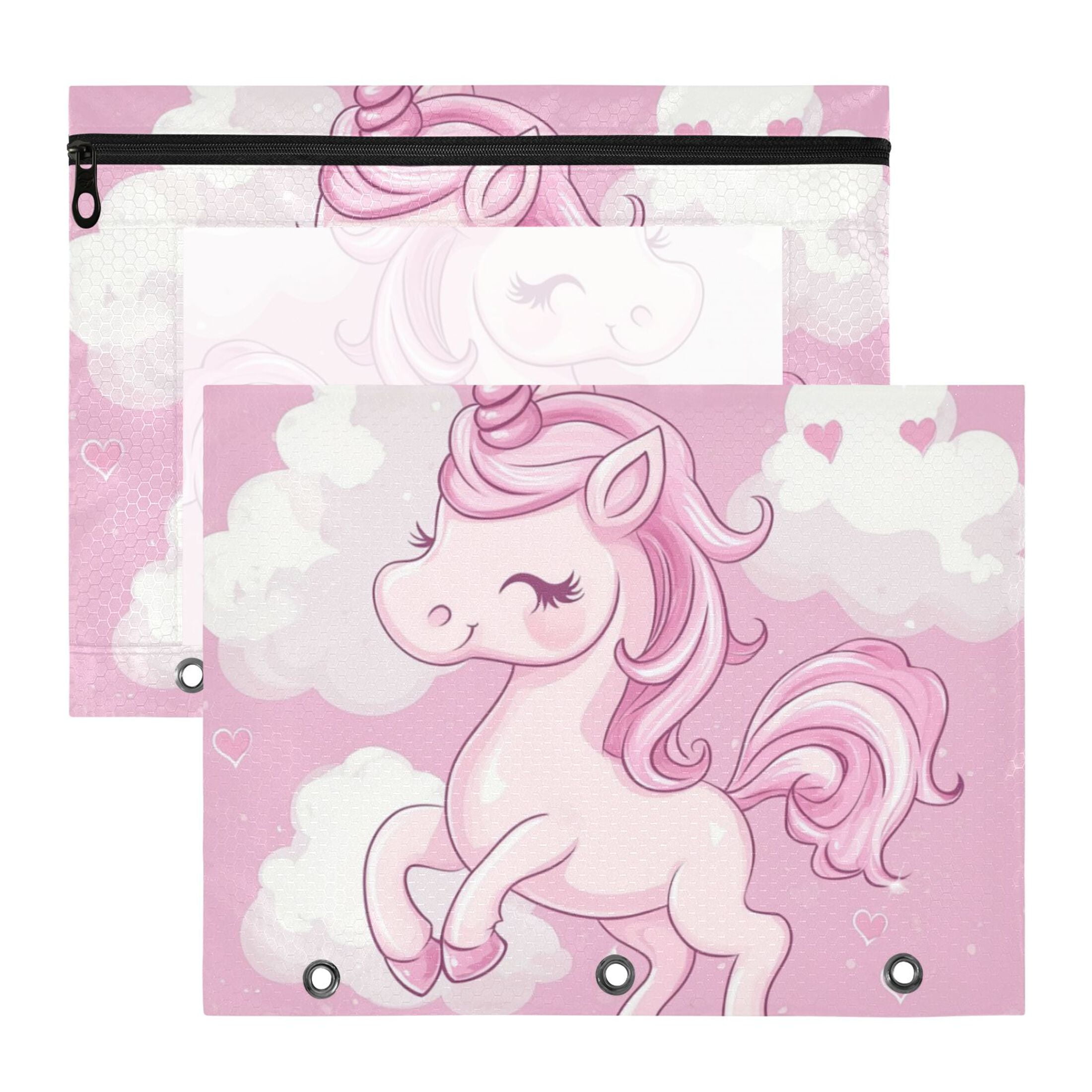 Pinkish Unicorns Clouds with Hearts 3-Ring Binder Pouches A4 Size Zipper Pocket File Storage 2 ...