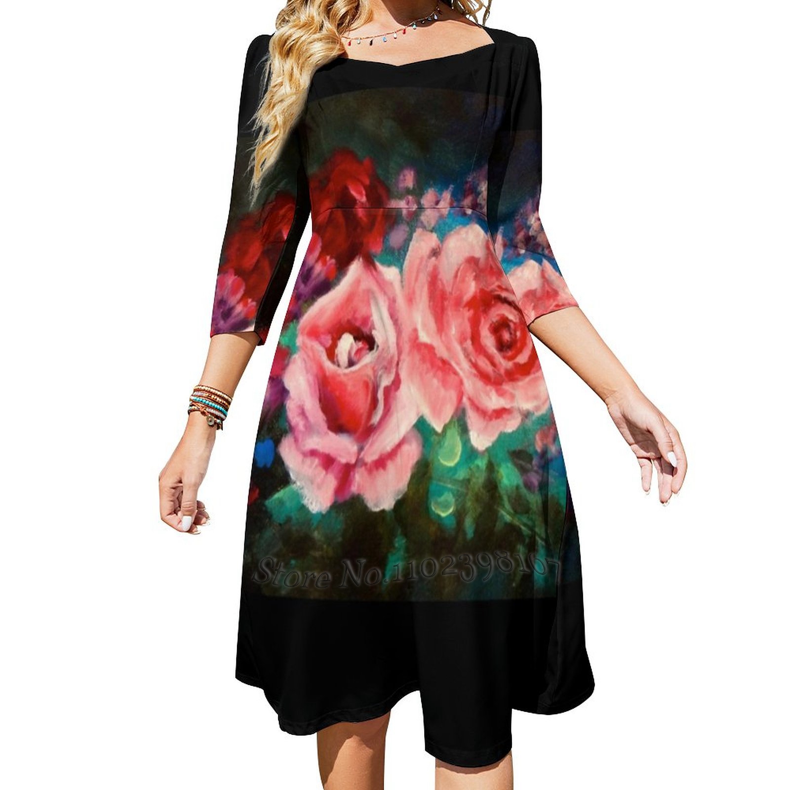 Pinkroses On Blue Square Neck Dress Sweet Summer Dress Women Elegant ...