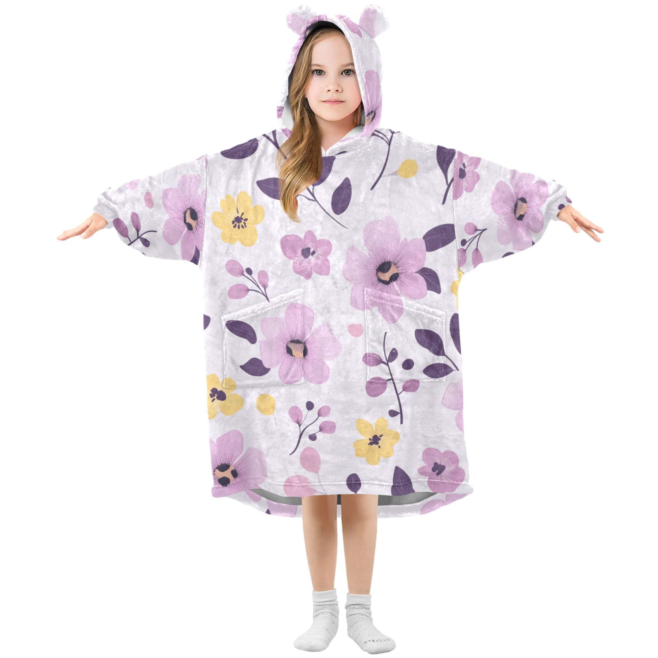 Pinksh Purple Yellow Flowers Flannel Wearable Blankets Hooded Design ...