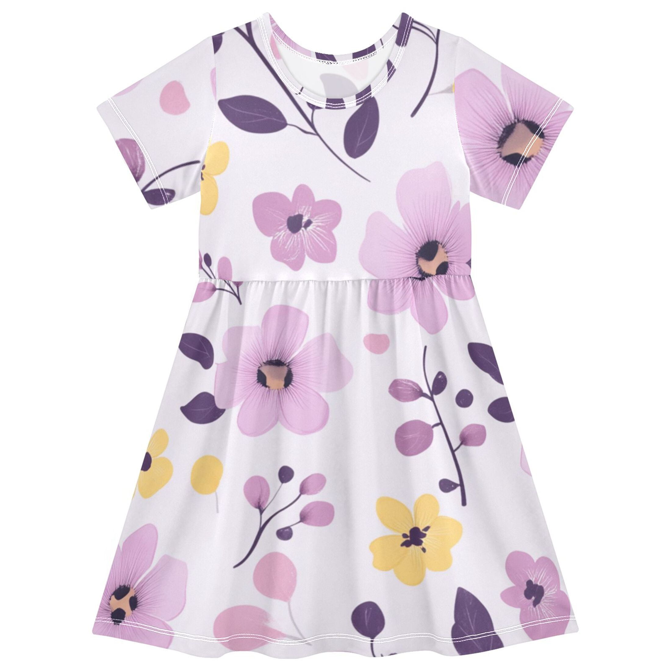 Pinksh Purple Yellow Flowers Girls' Short Sleeve Dress A-Line One-Piece ...