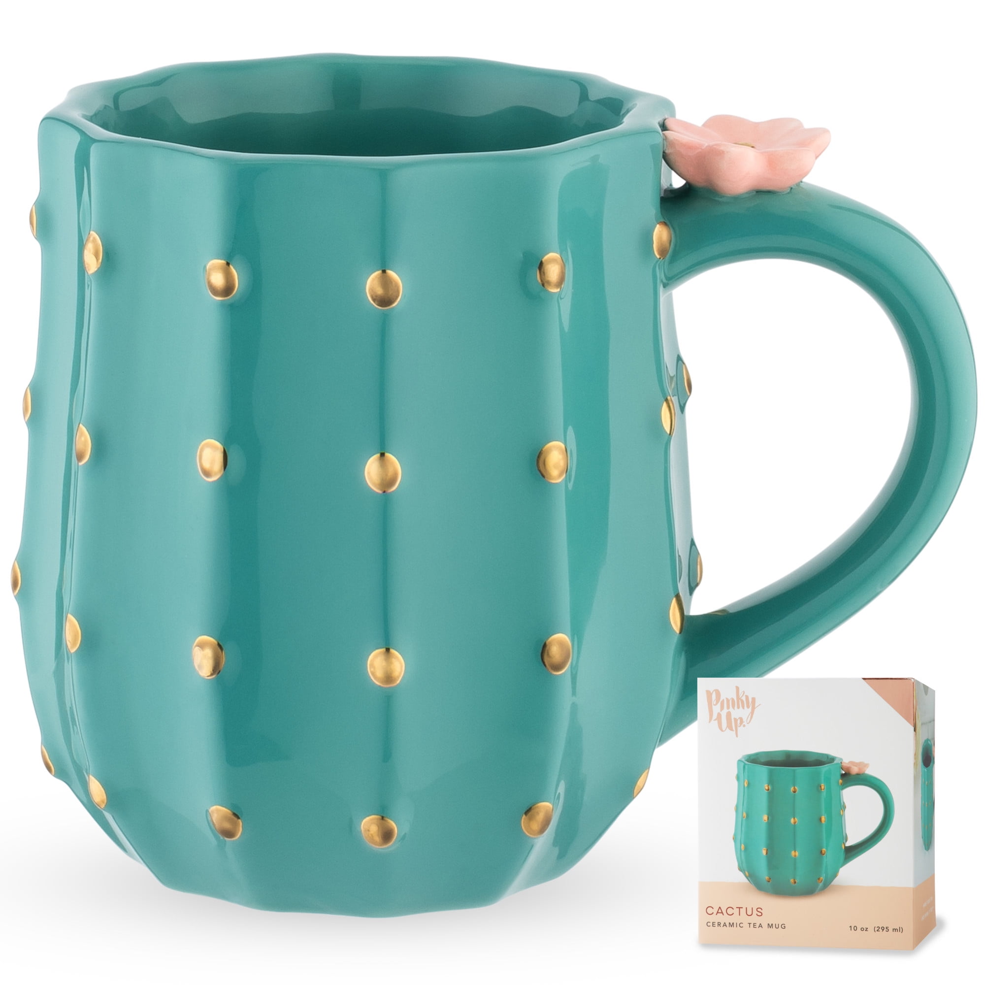 Pinky Up Cactus Mug, 3D Green Ceramic, Gold Details, Cute Succulent ...
