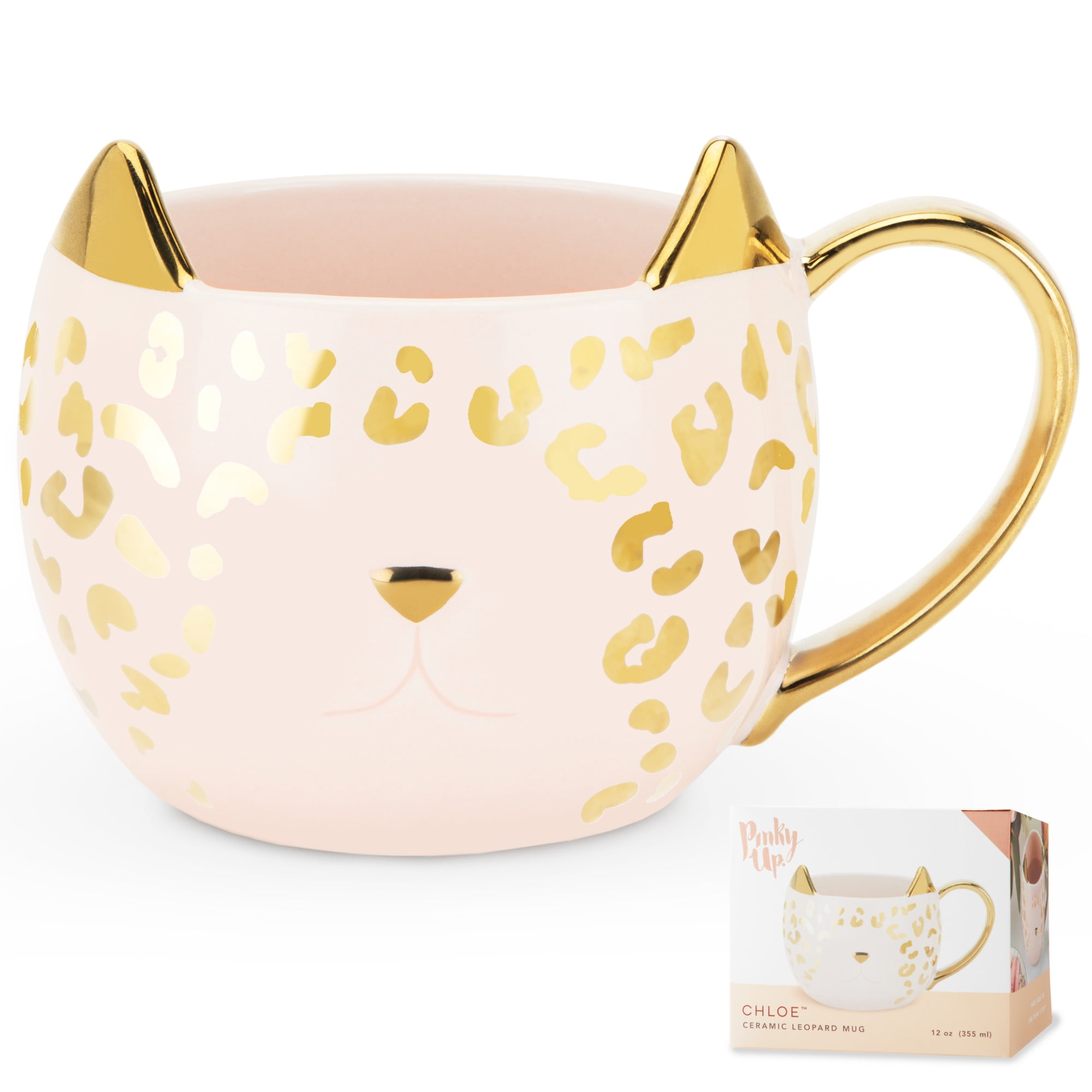 Pinky Up Chloe Pink Cat Mug - Ceramic Tea Mug with Leopard Print & Gold ...