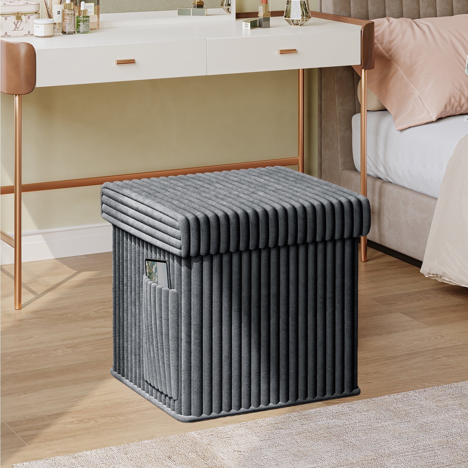 Pinmoco 15" Collapsible Storage Ottoman, Corduroy Cube Organizer Makeup ...