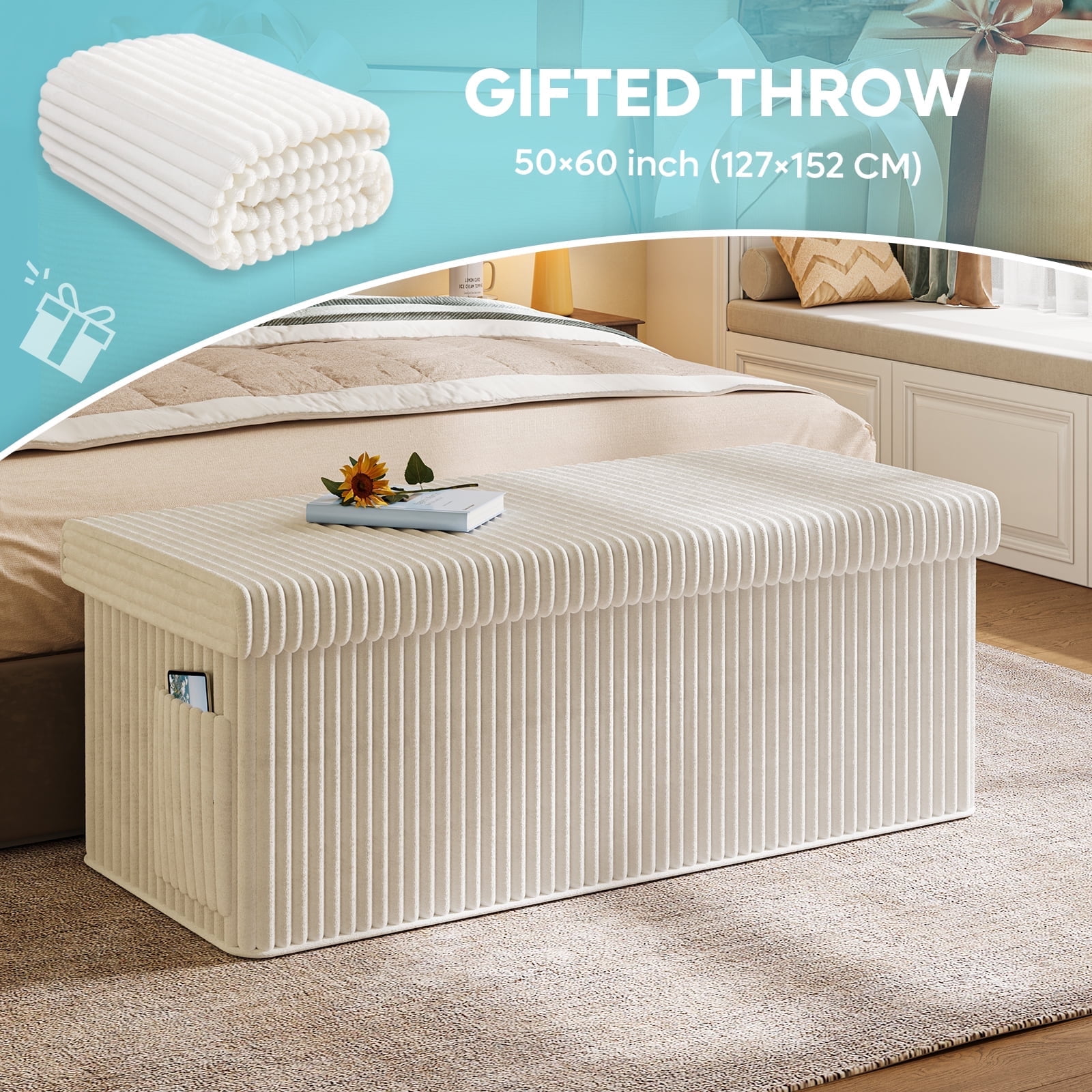 Pinmoco 43" Folding Storage Ottoman Bench with White Blanket and Side ...