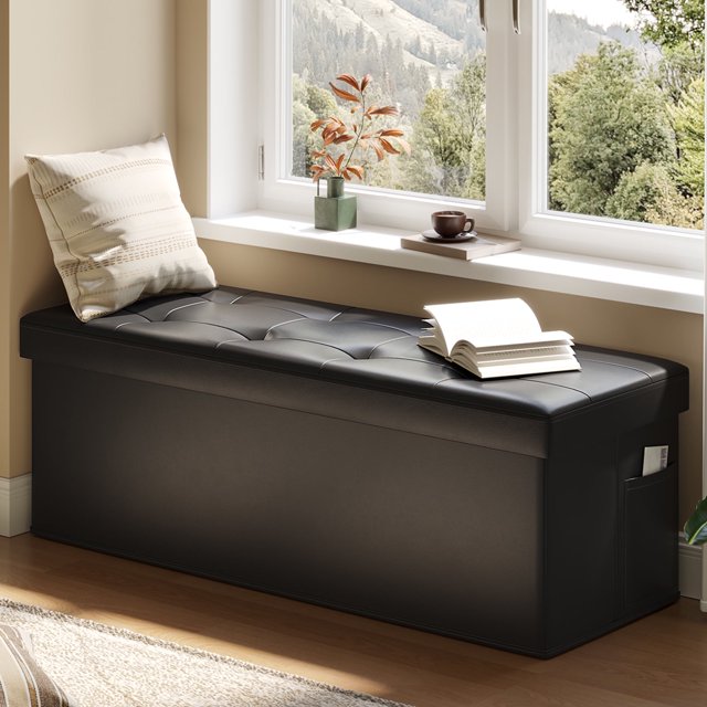 Pinmoco 43" Storage Ottoman Bench Folding Leather Storage Bench with ...