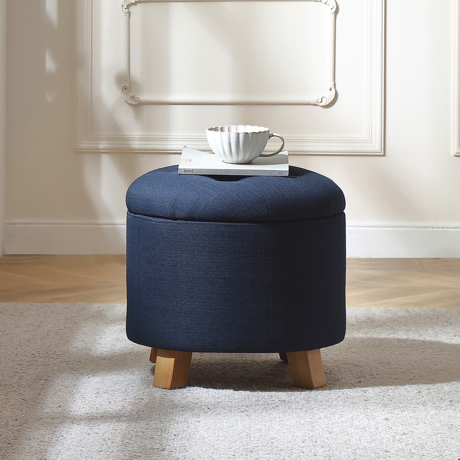 Pinmoco Button Tufted Storage Ottoman, Linen Round Ottoman with ...