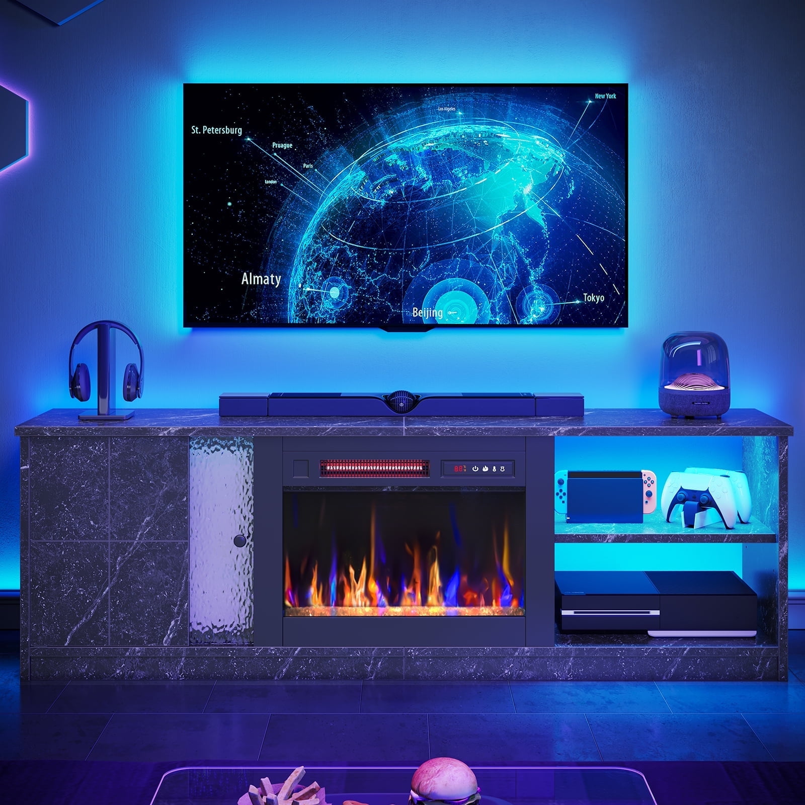 Pinmoco Electric Fireplace TV Stand for TVs up to 70", Black Marble ...