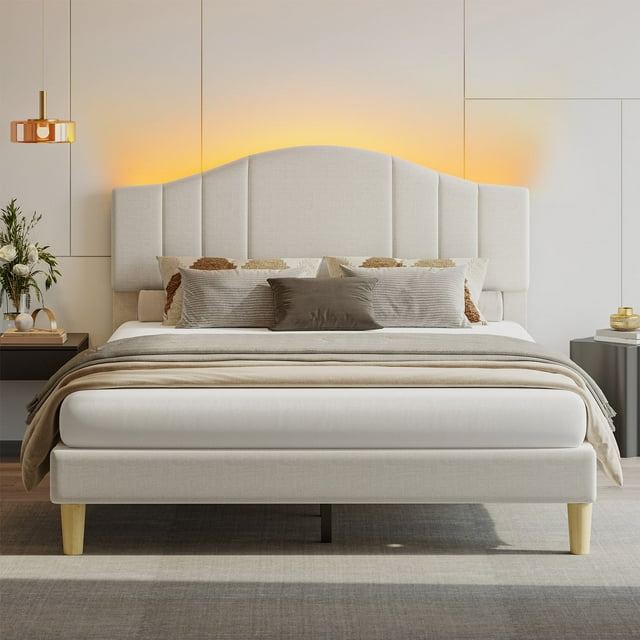 Pinmoco Full Upholstered Bed Frame with Adjustable Arc-shaped Headboard ...