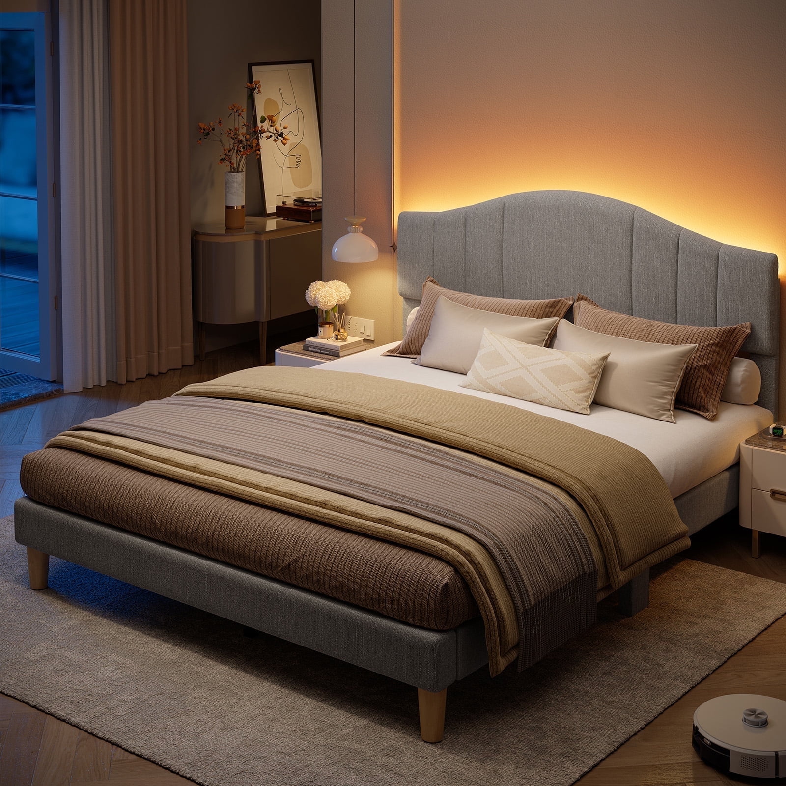 Pinmoco Full Upholstered Bed Frame with Adjustable Arc-shaped Headboard ...