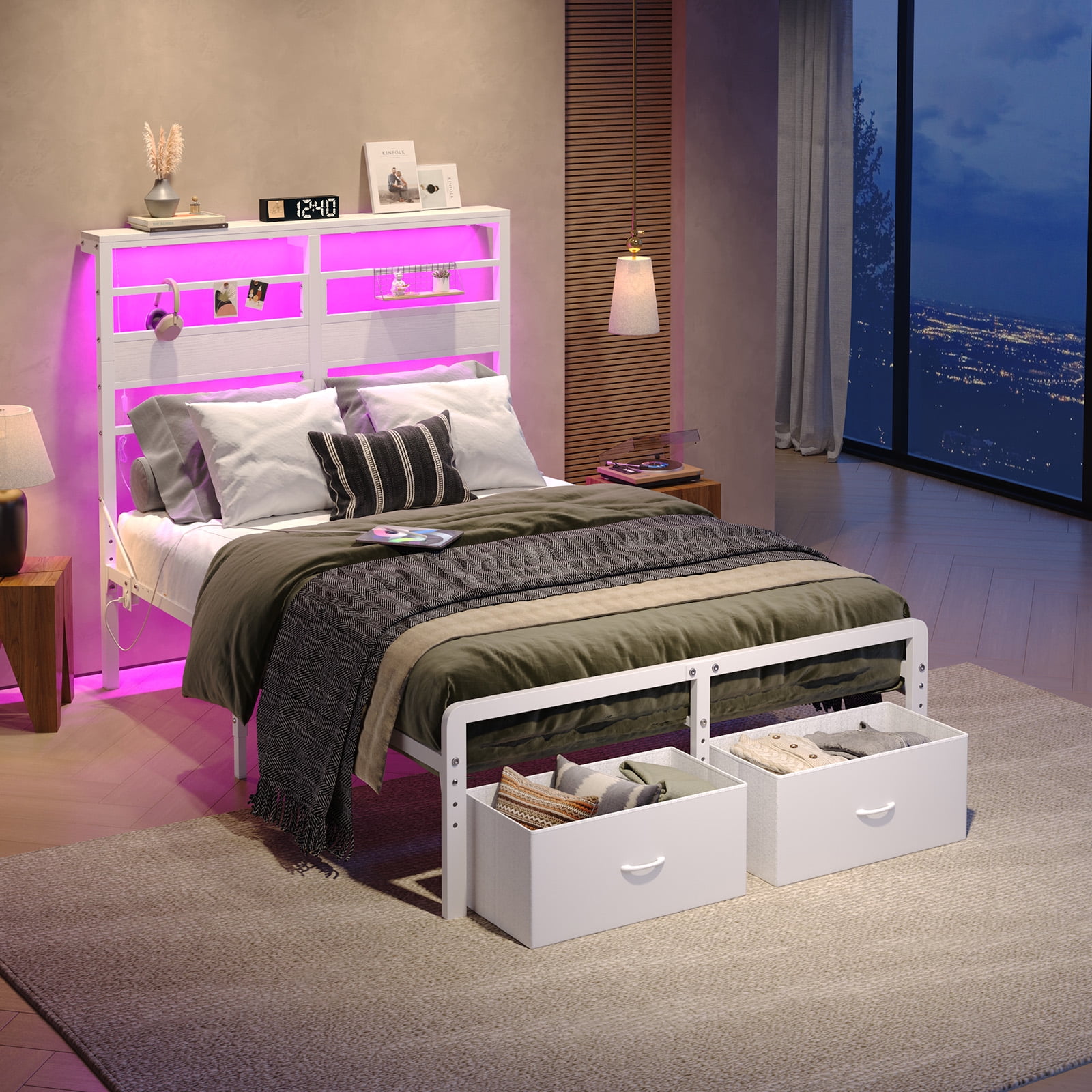 Pinmoco Full Bed Frame with 49.2" High LED Storage Headboard and 2 ...