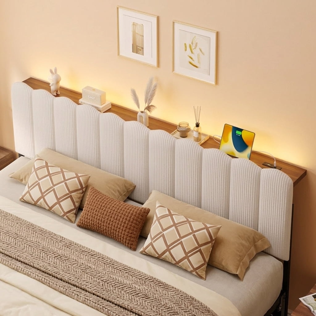 Pinmoco Upholstered Headboard with King Size Bed, Beige Striped ...