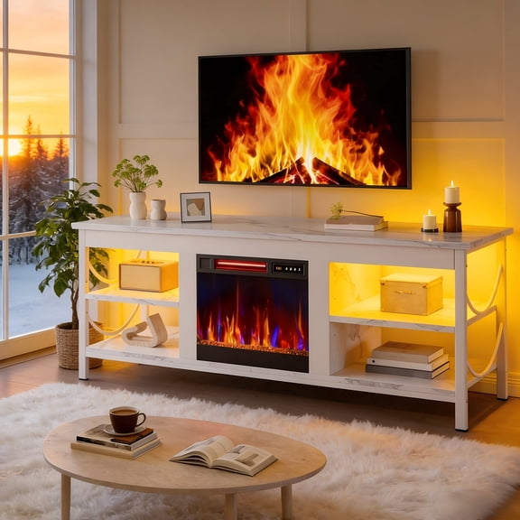 55" TV Stand with LED Lights, Media Console with Open Shelves and ...