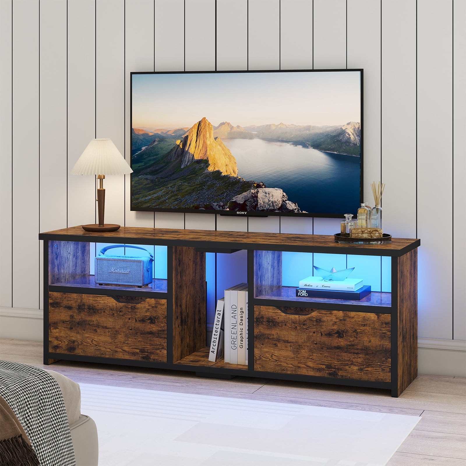 Pinmoco LED TV Stand for 30-70" TVs, Media Console with Glass Shelves ...
