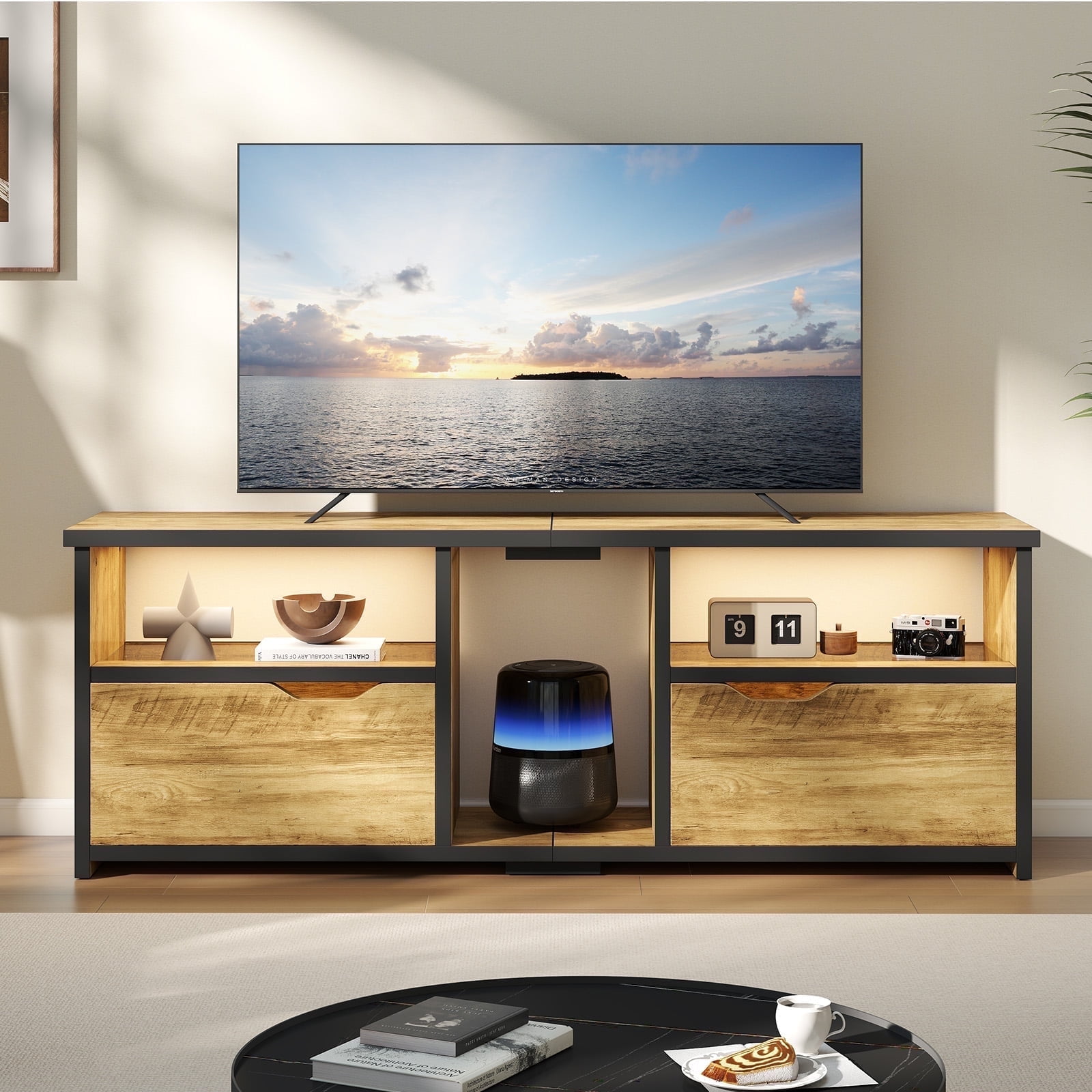 Pinmoco LED TV Stand for 30-70" TVs, Media Console with Glass Shelves ...