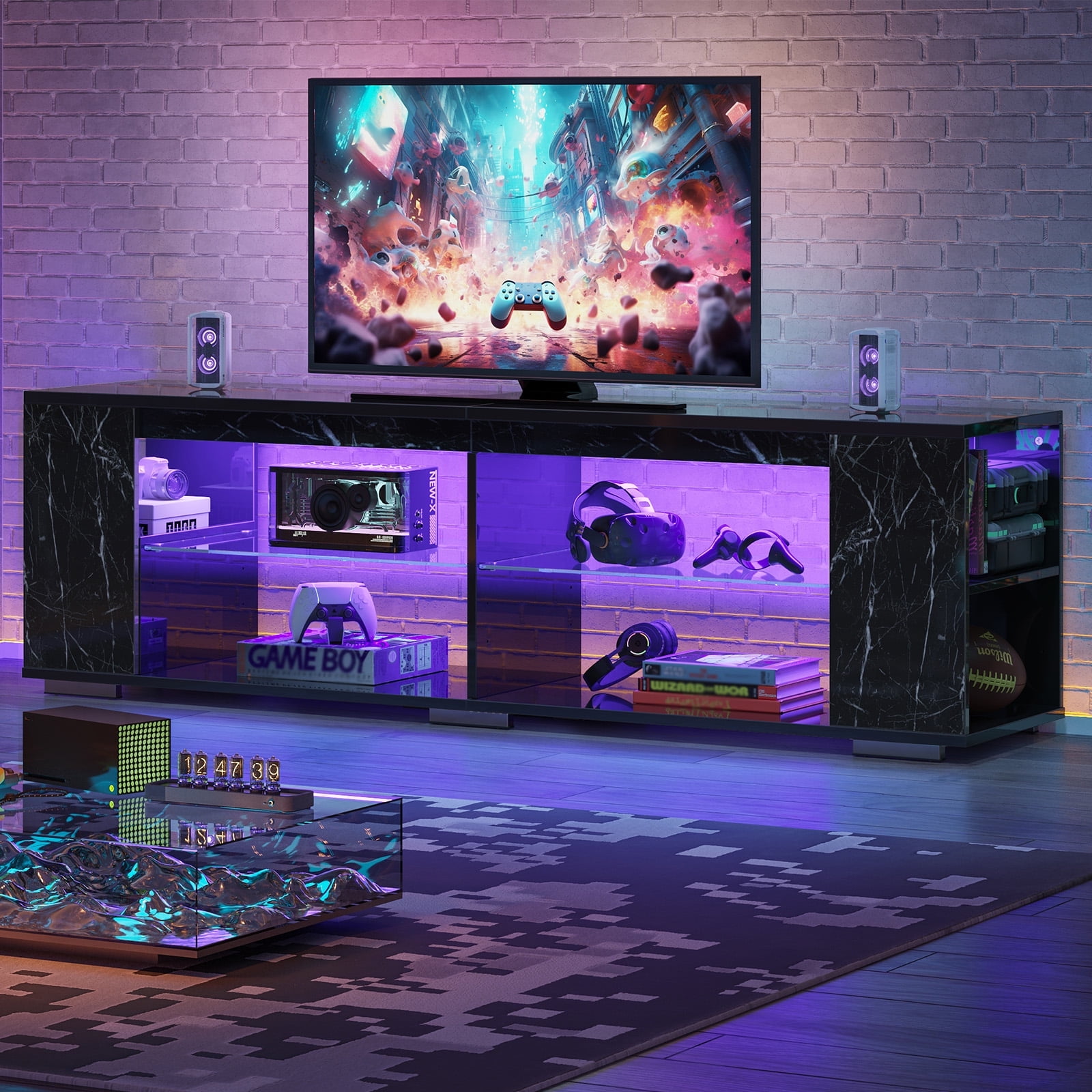 Pinmoco Marble TV Stand for TVs up to 80", LED Gaming Entertainment ...