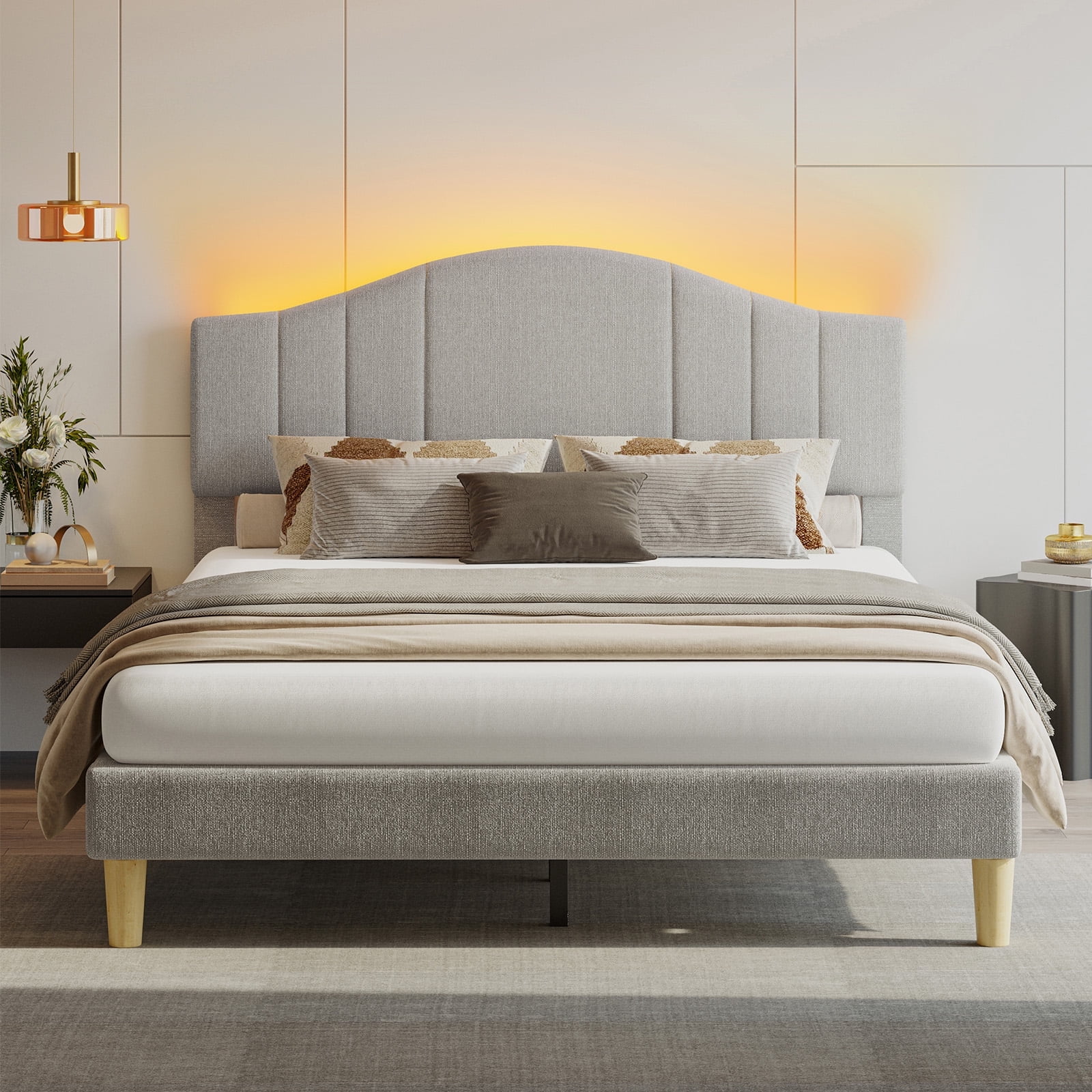 Pinmoco Queen Upholstered Bed Frame with Adjustable Arc-shaped ...