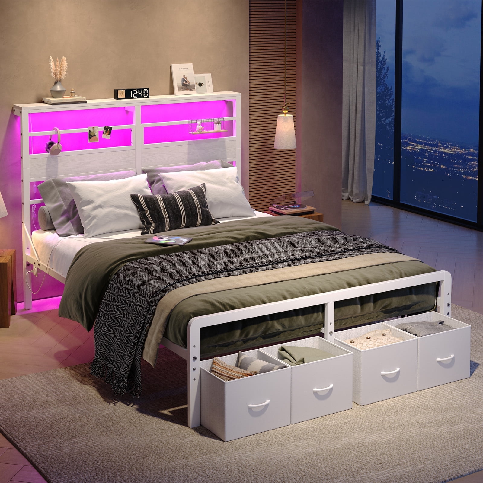 Pinmoco LED Queen Bed Frame with 49.2" High Storage Headboard and 4 ...