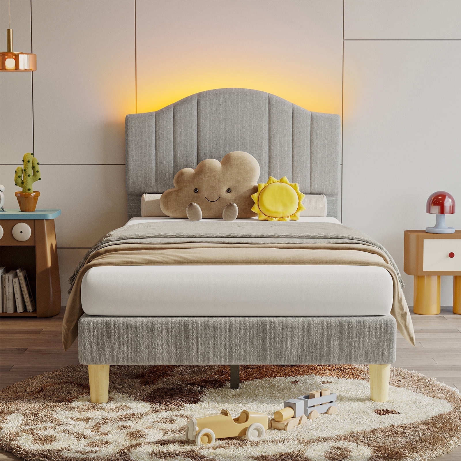 Pinmoco Twin Upholstered Bed Frame, Adjustable Arc-shaped Headboard ...
