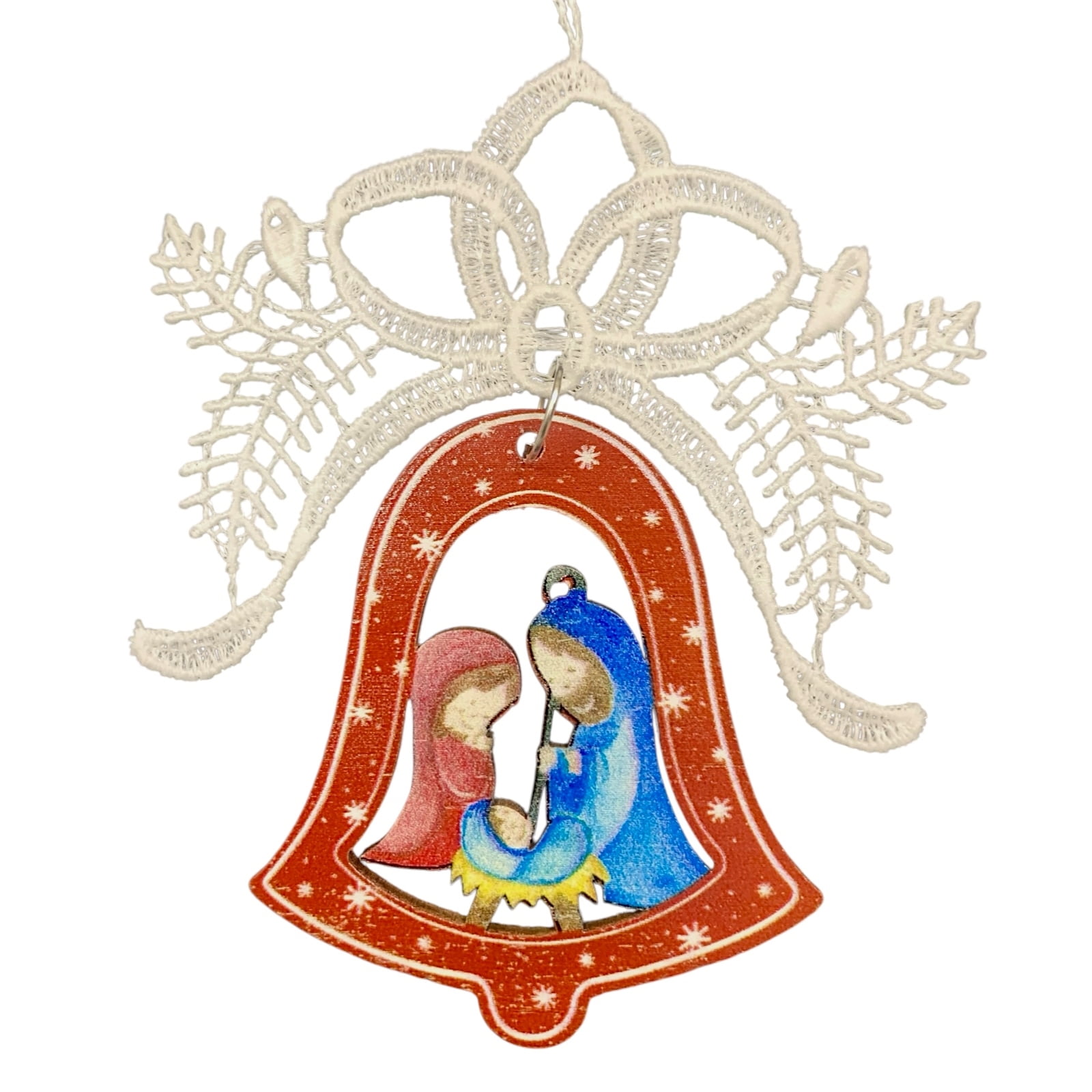 Pinnacle Peak Trading White Lace Ribbon with Colorful Wood Nativity ...