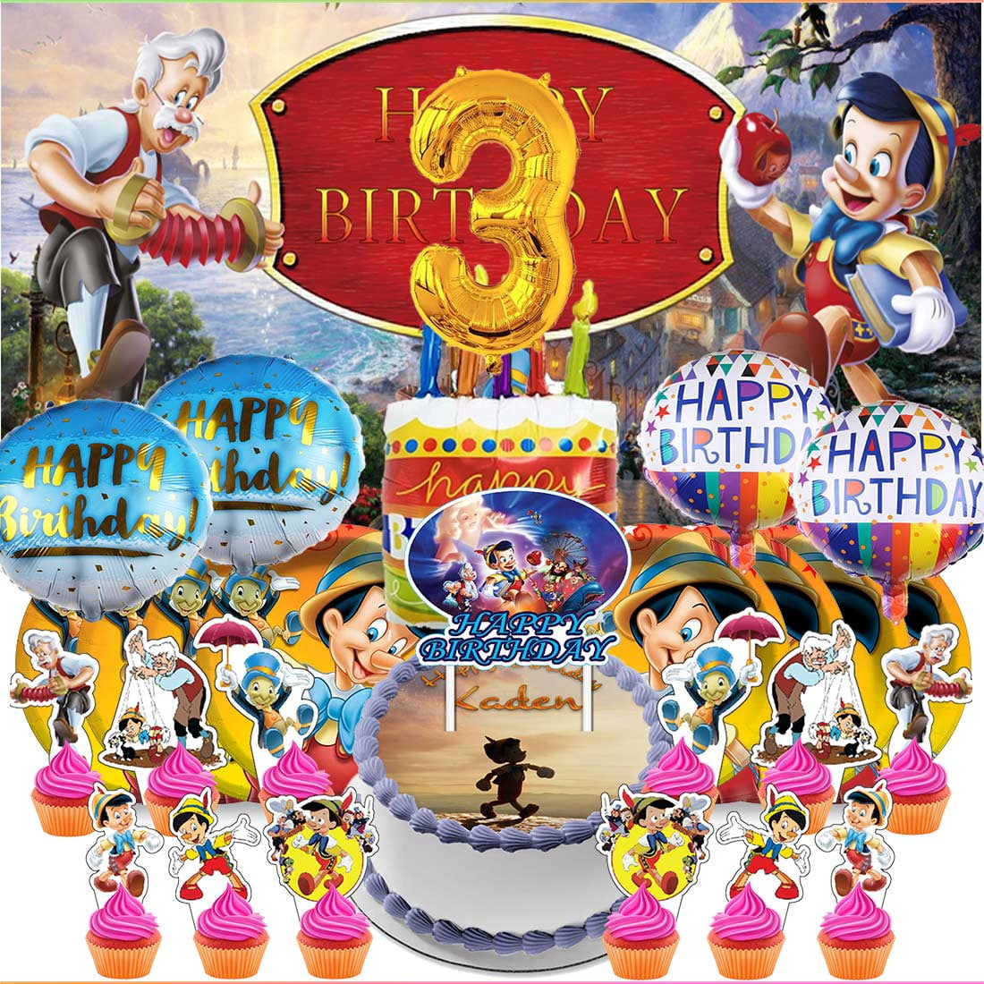 Pinocchio 3rd Tableware Balloons Cake Toppers Backdrop Banner Supplies ...
