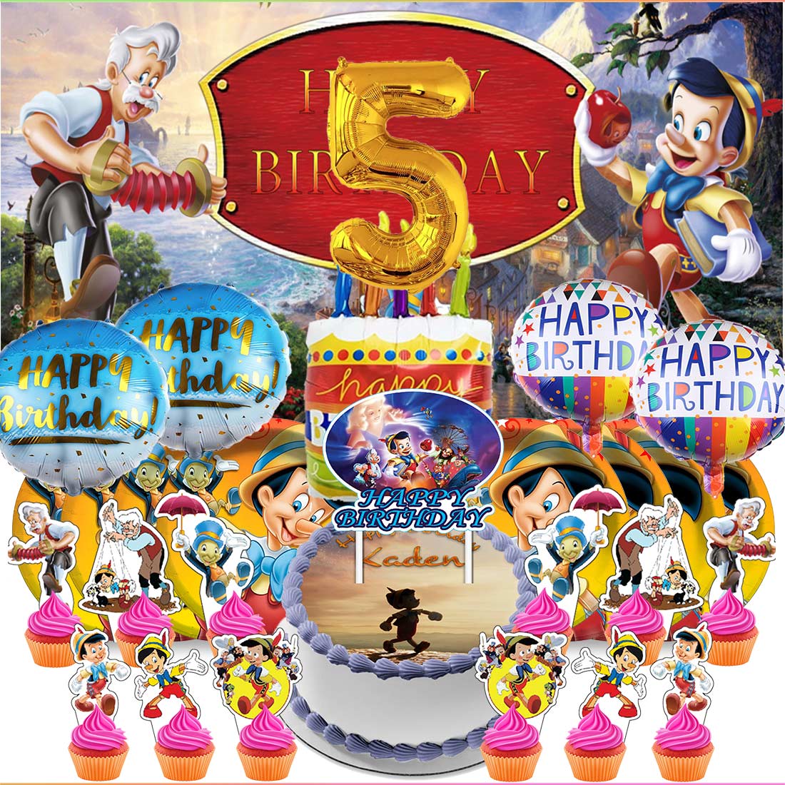 Pinocchio 5th Tableware Balloons Cake Toppers Backdrop Banner Supplies ...