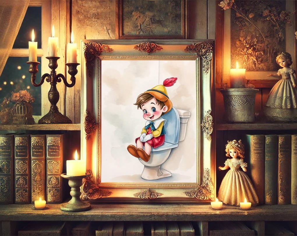 Pinocchio On Toilet Bathroom Art Print, Pinocchio Bathroom Art, Cute ...