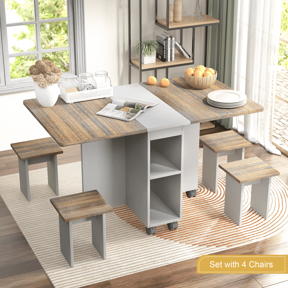 Pinovk 5-Piece Folding Dining Table Set with 4 Chairs, 55'' Drop Leaf ...
