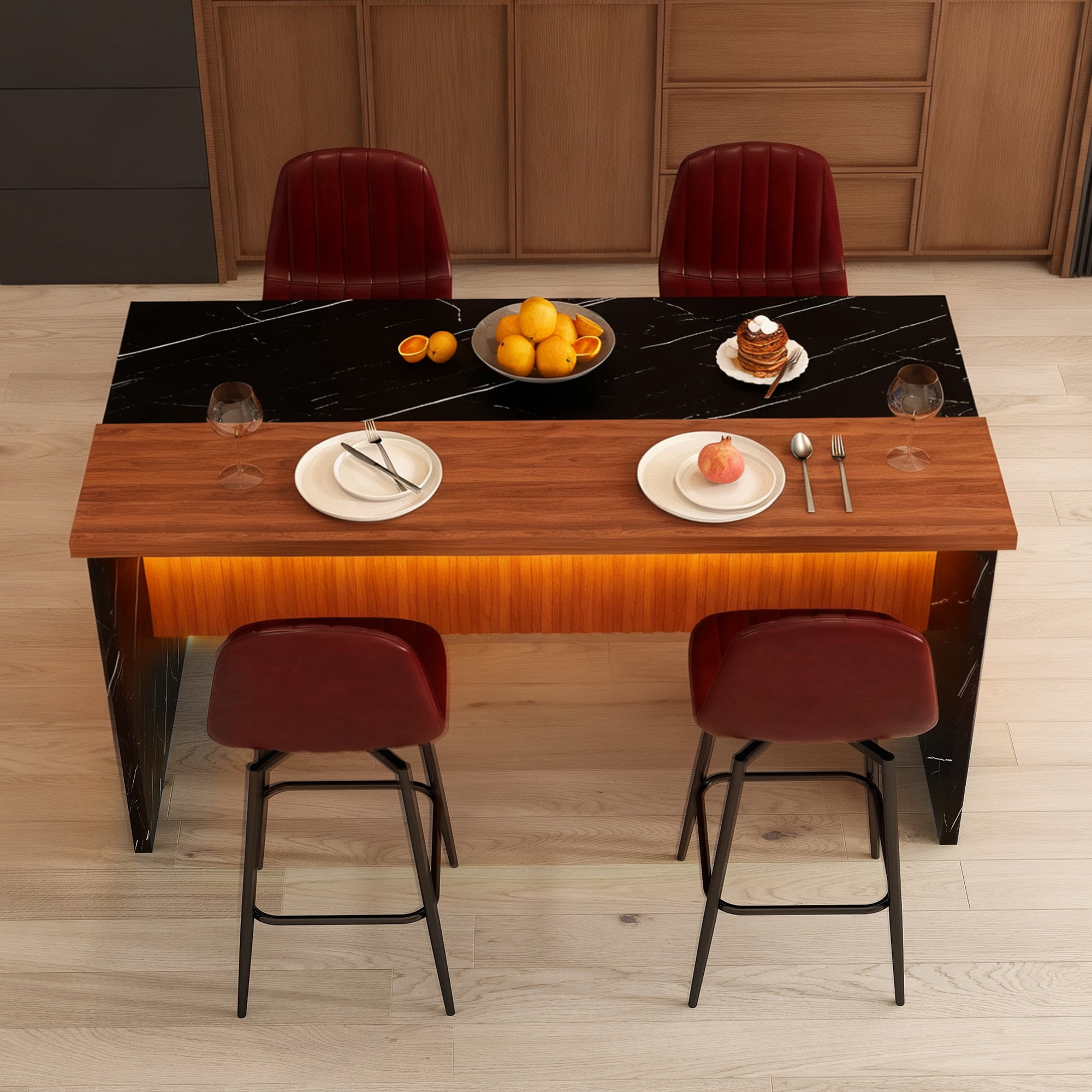 Pinovk 63-inch Modern Kitchen Island Set with 4 Dark Brown Bar Stools ...