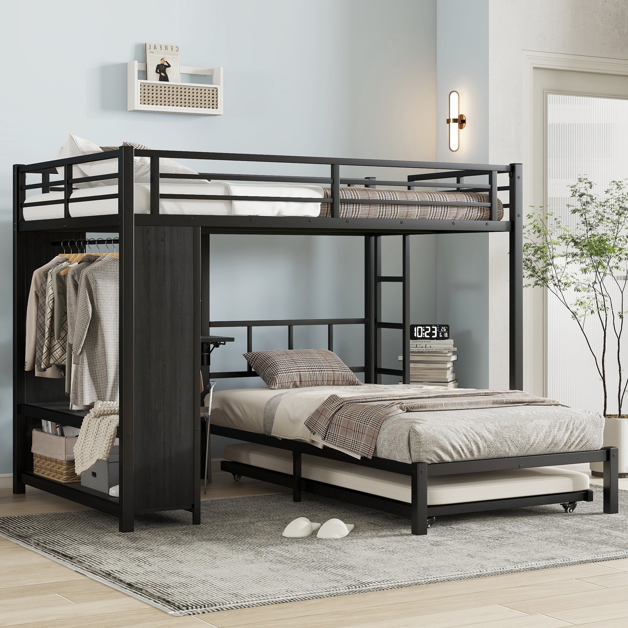 Pinovk Full over Twin Bunk Bed with Built-in Wardrobe, Metal Bunk Bed ...