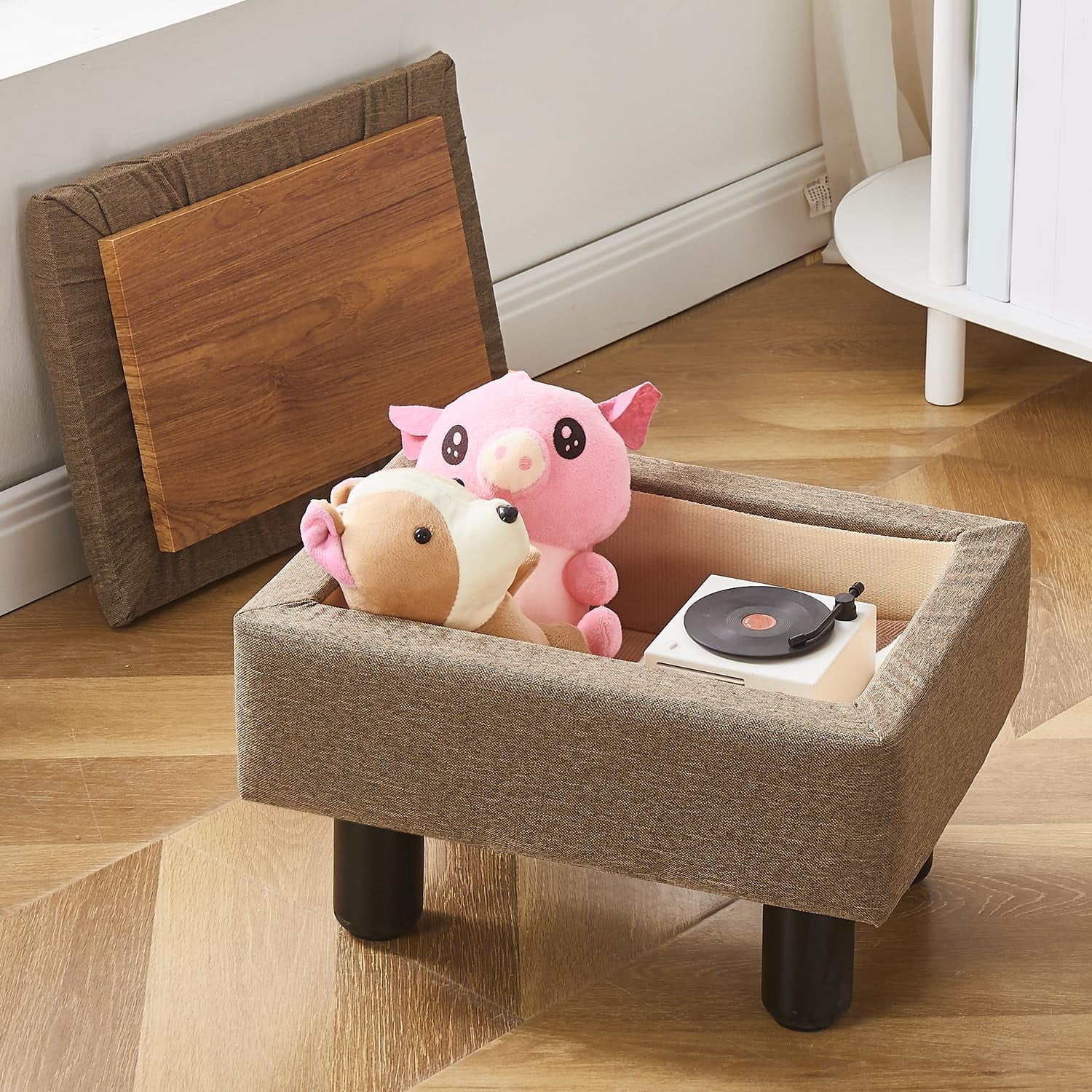 Pinovk Linen Storage Ottoman Foot Stool with Solid Wood Legs, Low Step ...